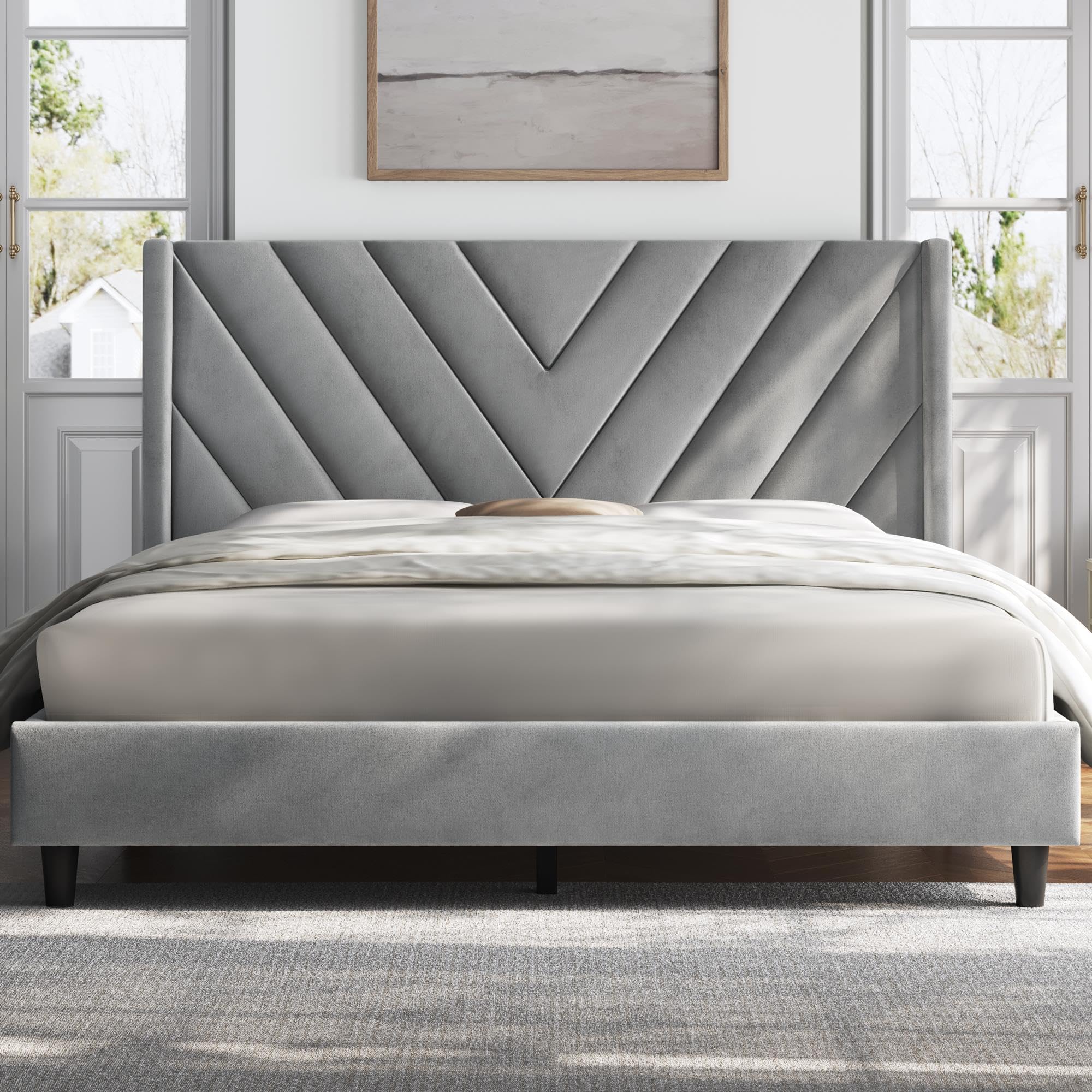 Amazon.com: Yaheetech Queen Bed Frame Upholstered Platform Bed with ...
