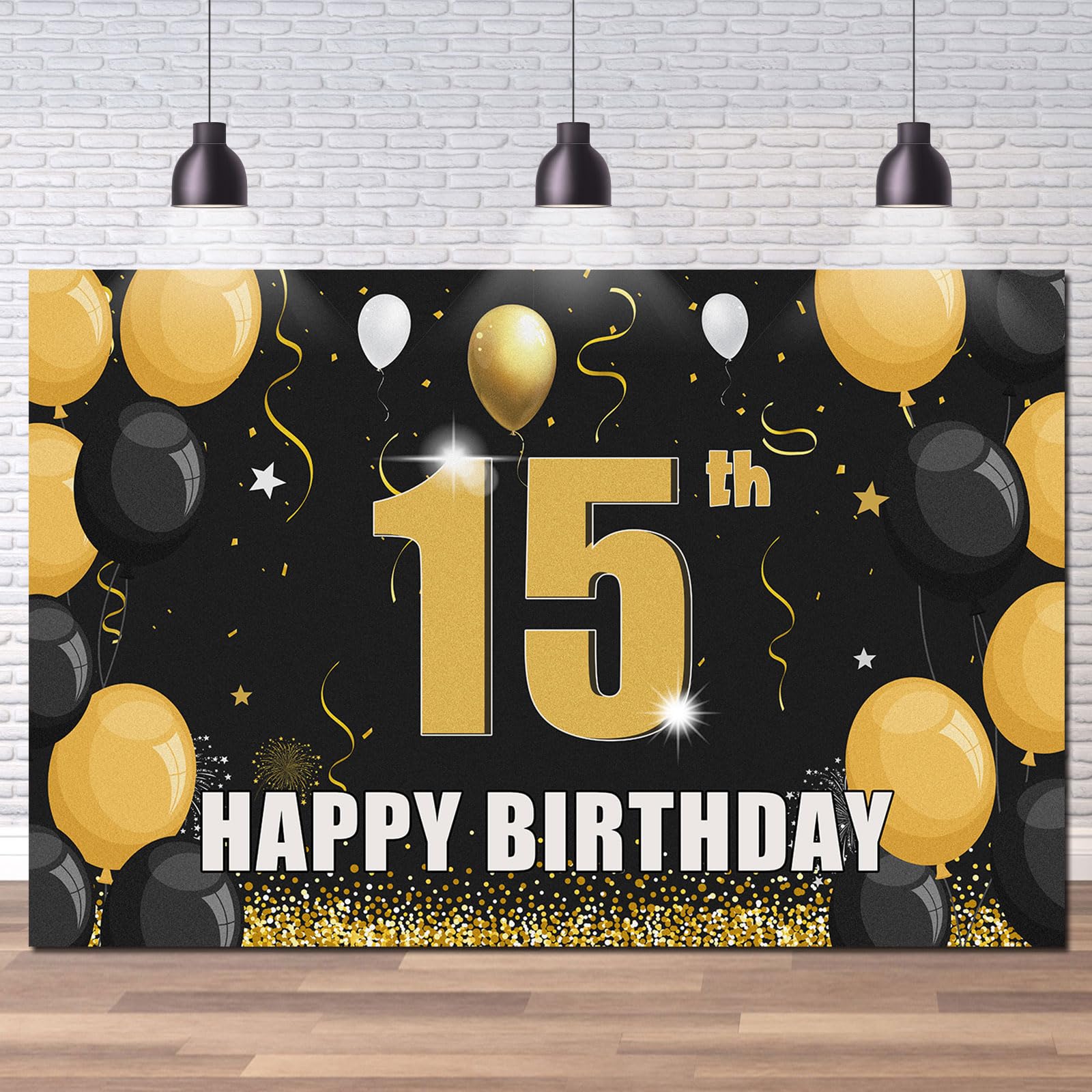 Amazon.com : Happy 15th Birthday Backdrop Banner Black and Gold 15th ...