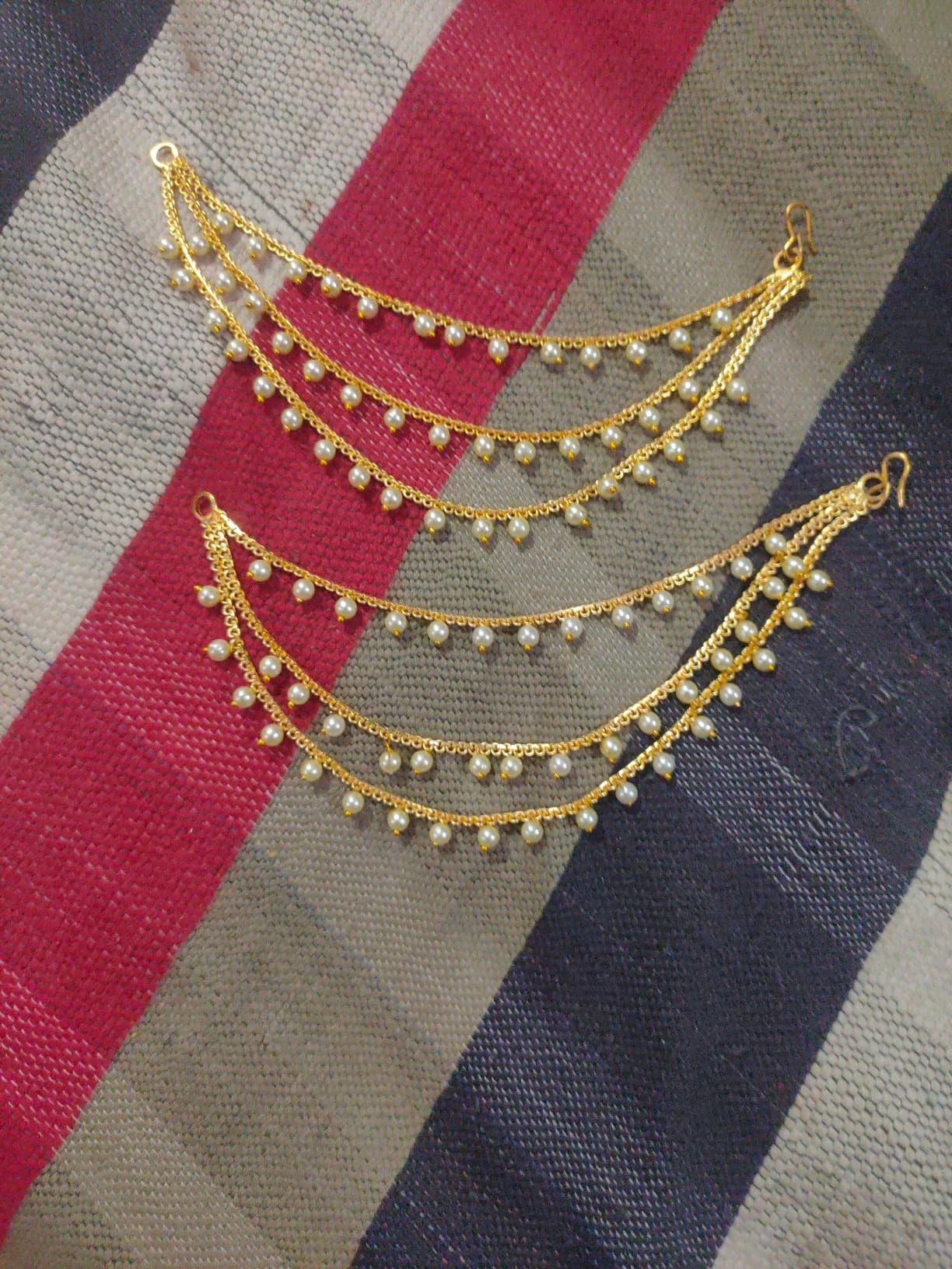 MEENAZ Brass copper Gold kanchain 3 layer long bridal wedding ear kan ...