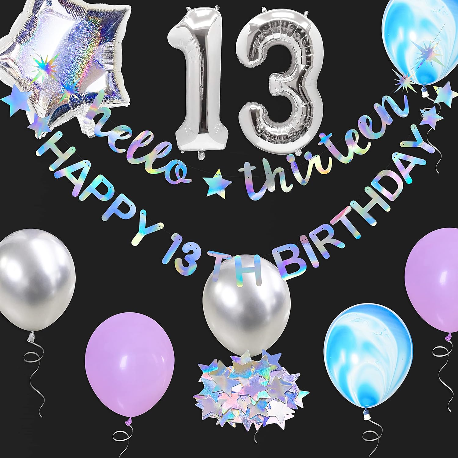 Amazon.com: Iridescent Hello Thirteen Happy 13th Birthday Banner ...