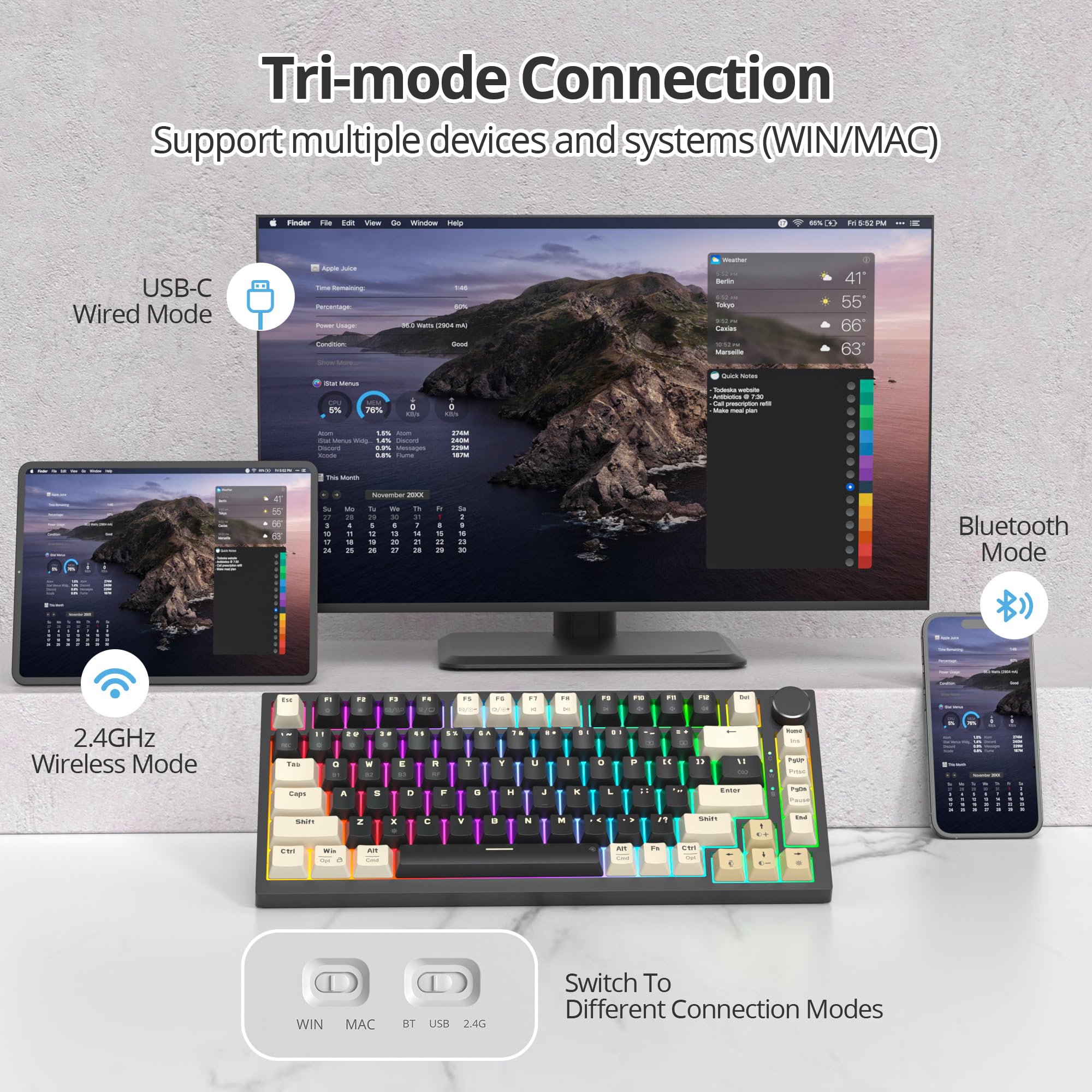 Snapklik.com : 75% Wireless Creamy Mechanical Keyboard, Hot Swappable ...