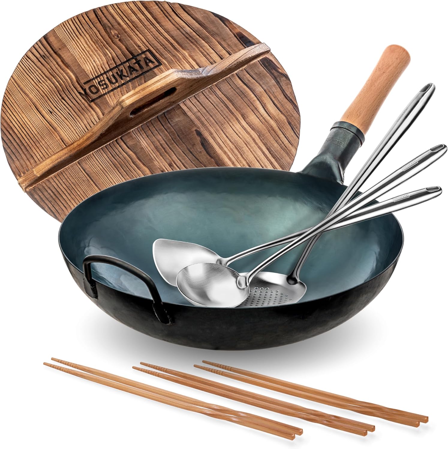 Amazon.com: YOSUKATA Blue Round Bottom Wok Pan – 14" + 17" Spatula and ...