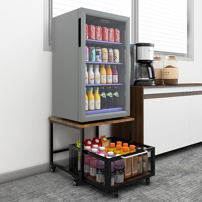 PUNCIA Fridge Stand with Storage and Wheels Rolling Mini Fridge Table ...