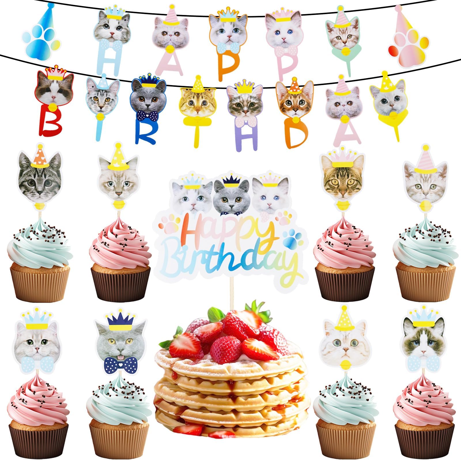 Amazon.com: 24 PCS Cat Theme Party Decorations Kit - Cat Faces Banner ...