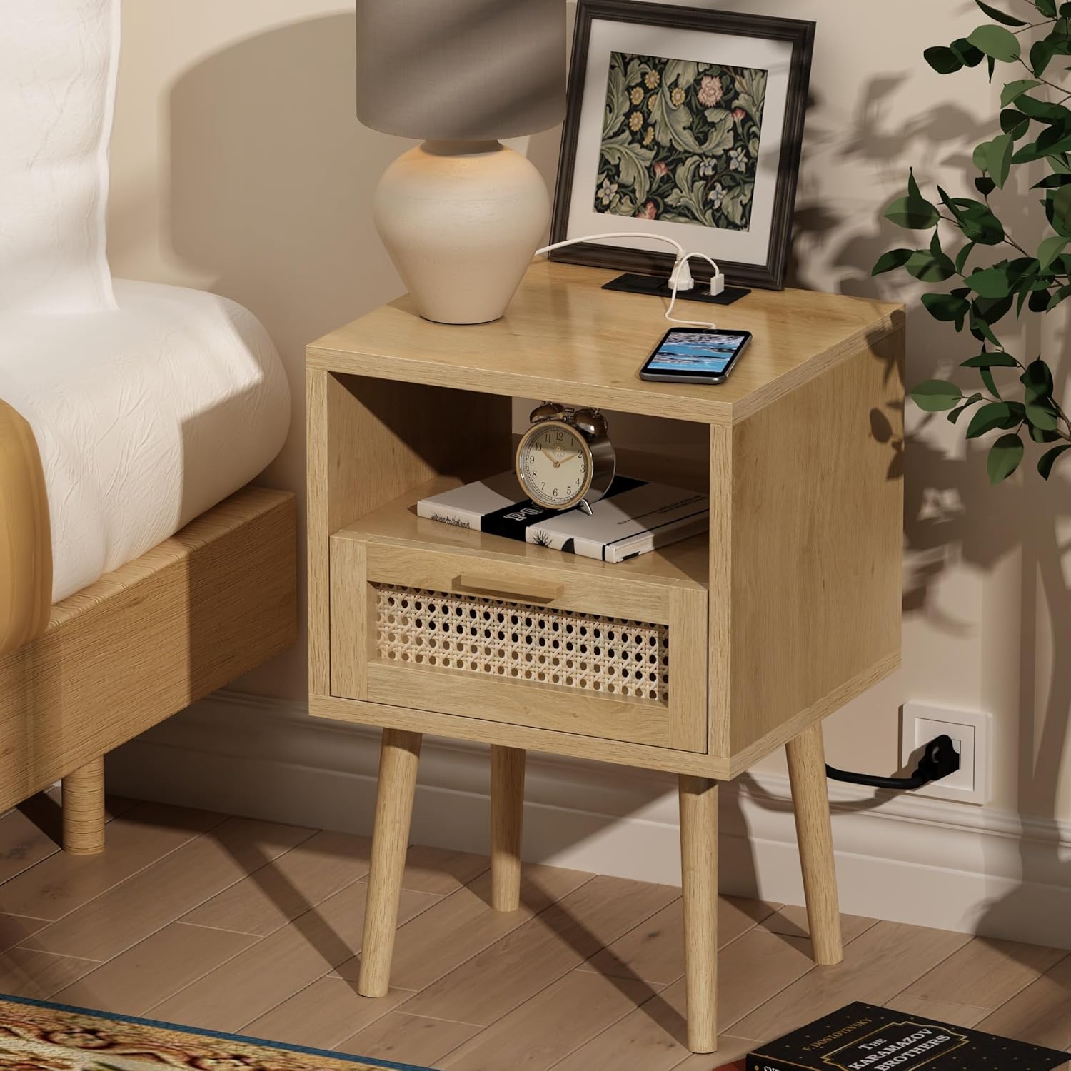 Amazon.com: ChooChoo Rattan Nightstand with Charging Station, Boho Bedside Table with Drawer ...