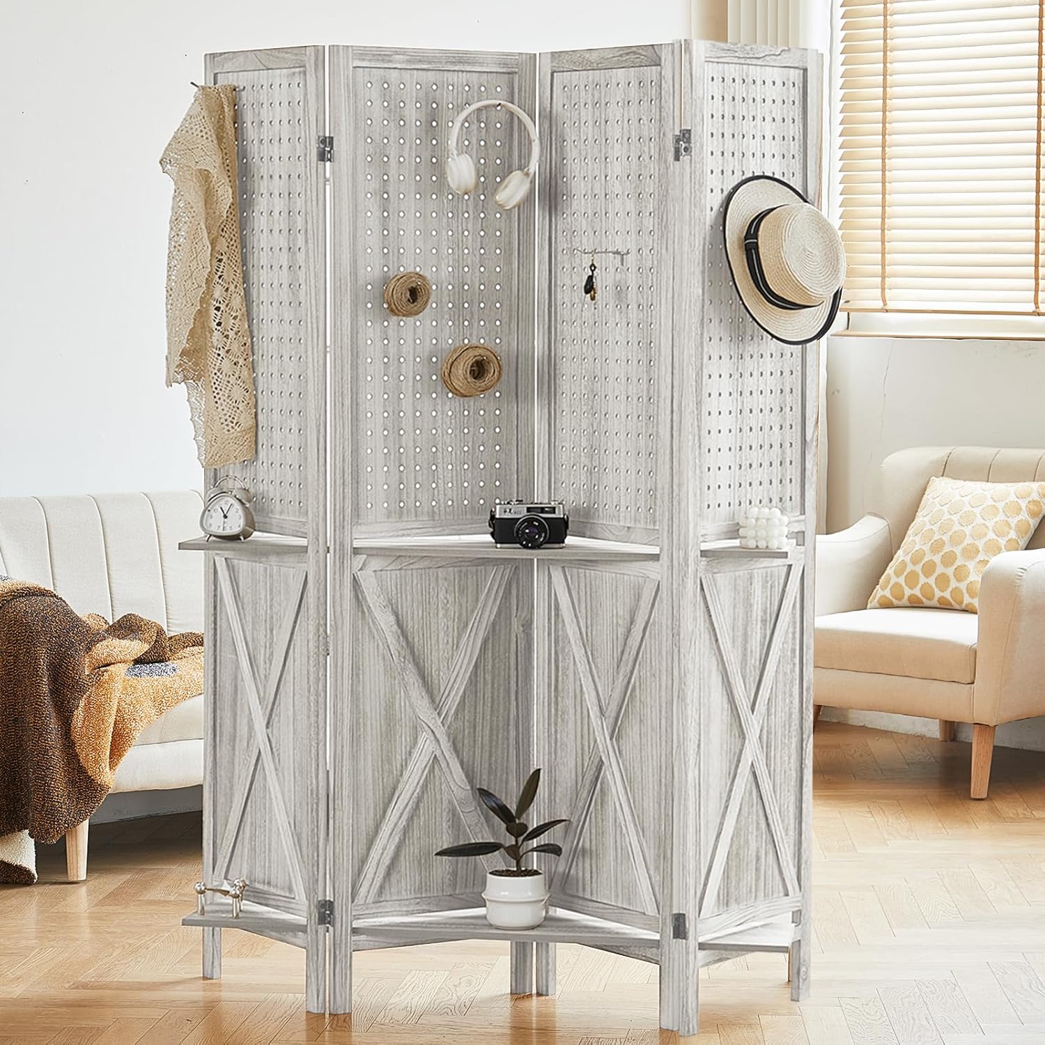 Amazon.com: Leesinwing 4 Panel Room Divider Wall with Shelves, Wood ...