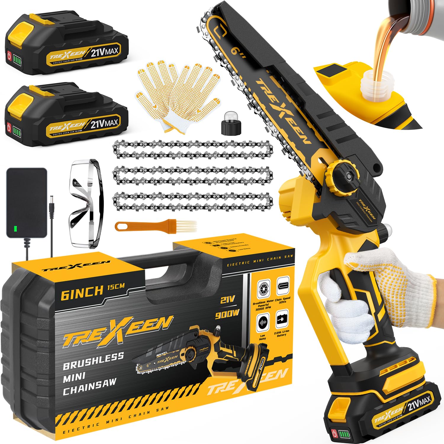Mini Chainsaw, 6-Inch Electric Chainsaw Cordless - 2024 Upgraded 900W ...