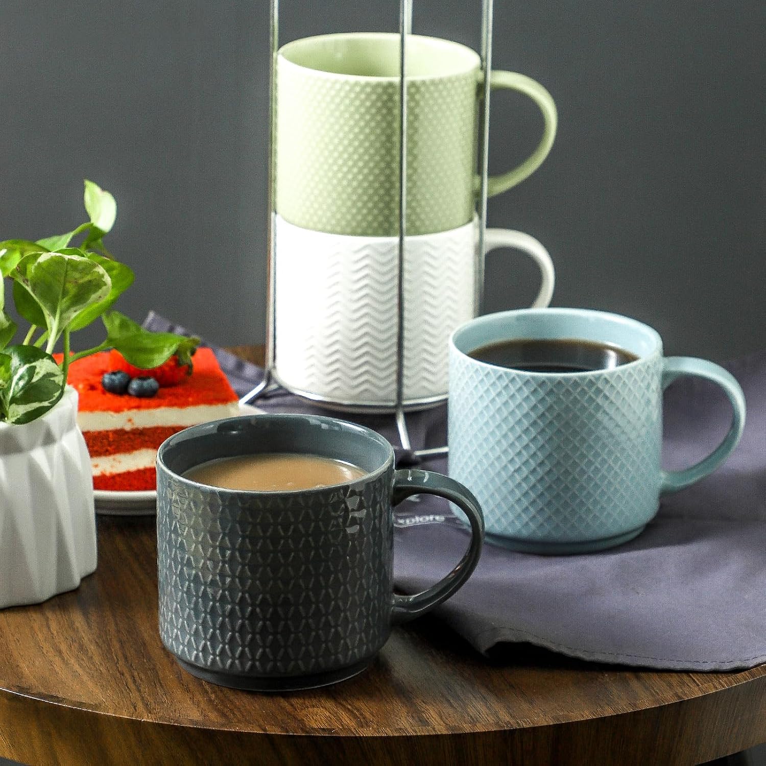 Tazas de café apilables con soporte, tazas de cerámica en relieve de 15 ...