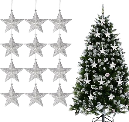 12pcs Christmas Tree Decorations Silver Star Christmas Decorations ...