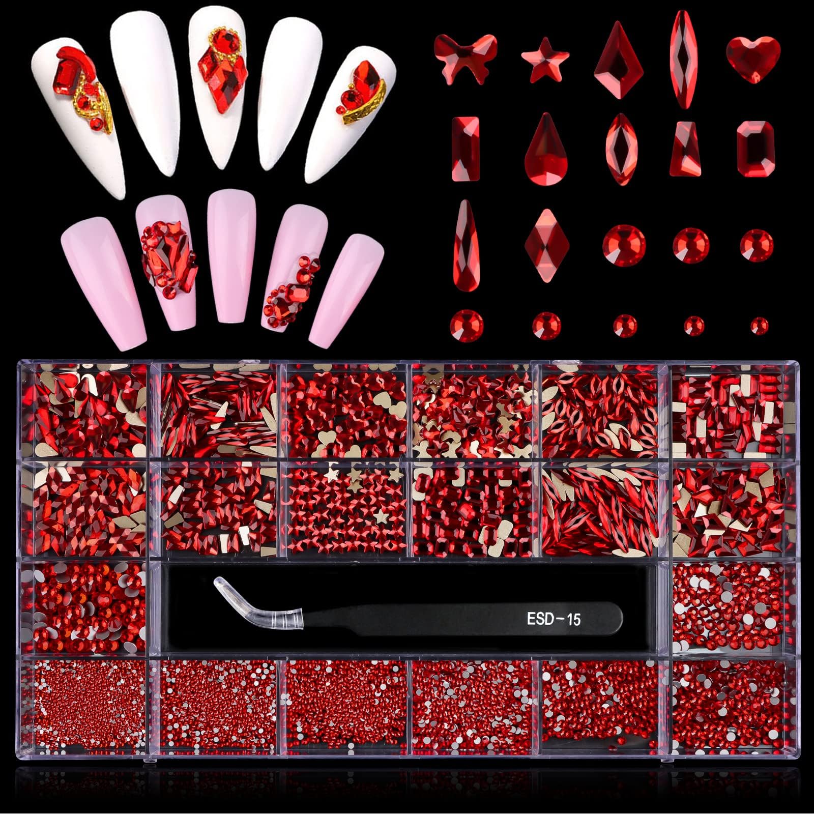 Amazon.com: qiipii 24 Styles Red Nail Rhinestones Multi-Shapes Ruby Red ...