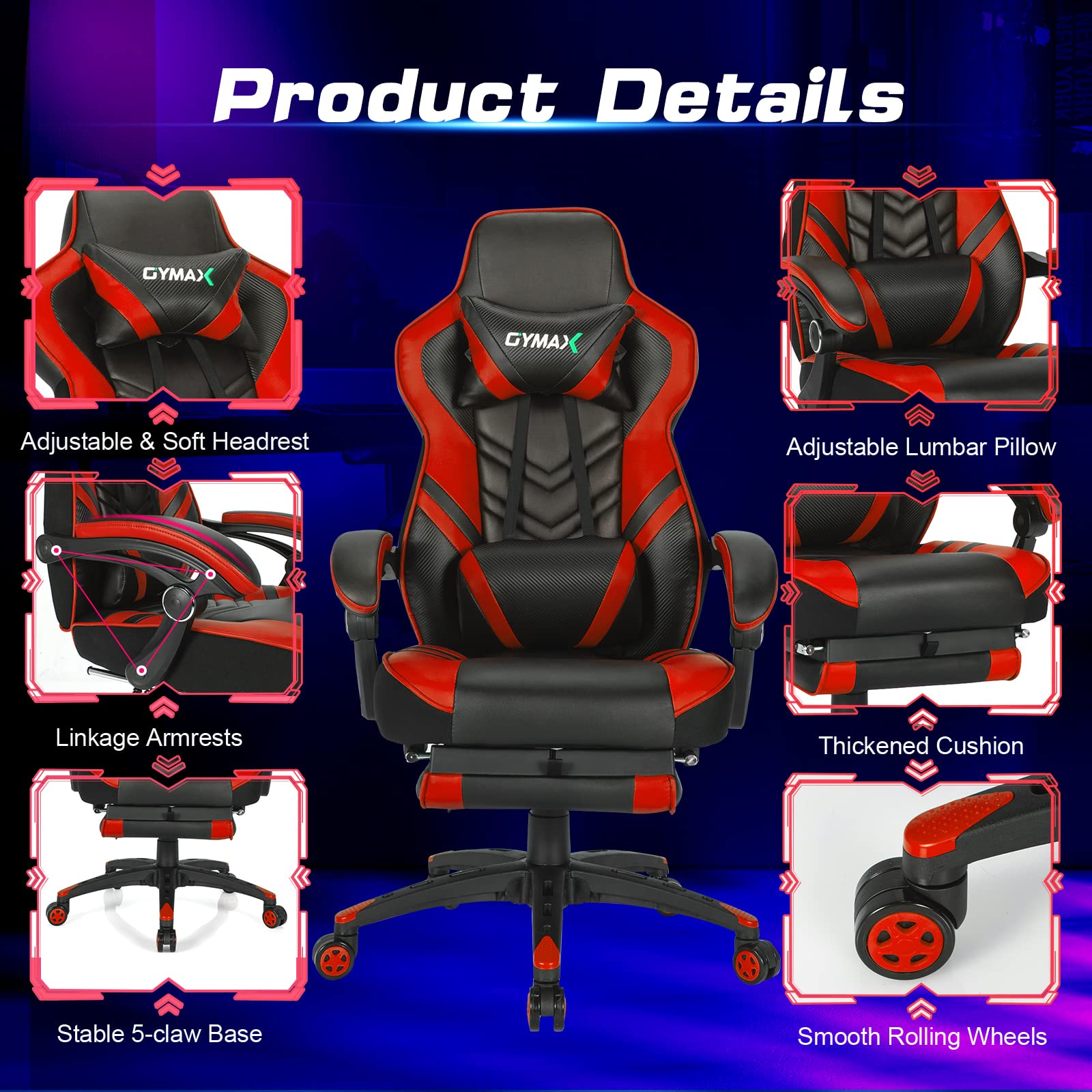Red Gaming Chair Ergonomic Computer Chair for Adults Teens Reclining ...