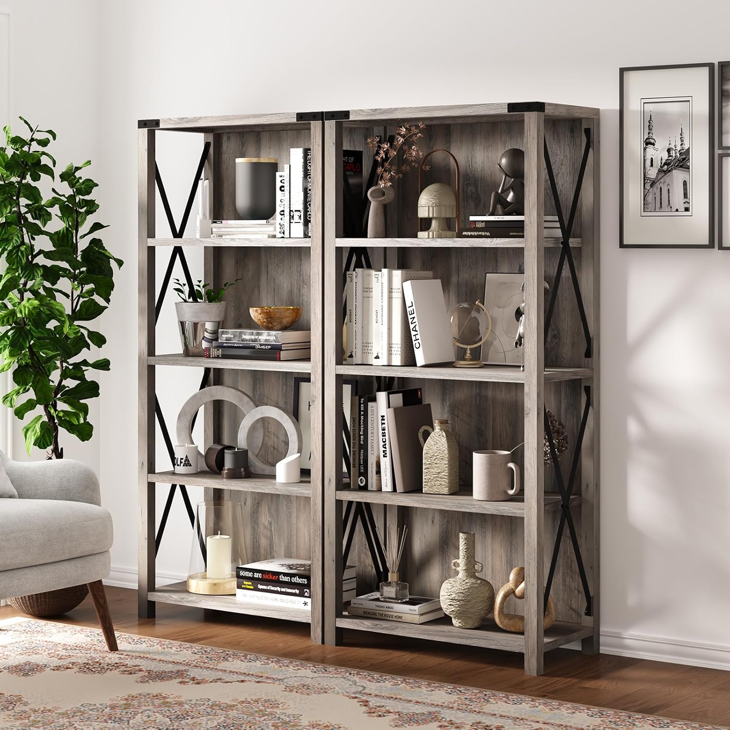 Amazon.com: AMERLIFE 4-Tier Bookshelf, Set of 2 Tall Industrial Book ...