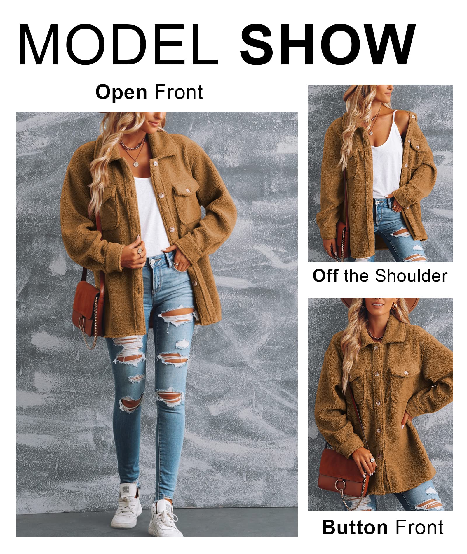 CURBODO Women Oversizes Sherpa Fleece Shacket Button Down Casual Warm ...