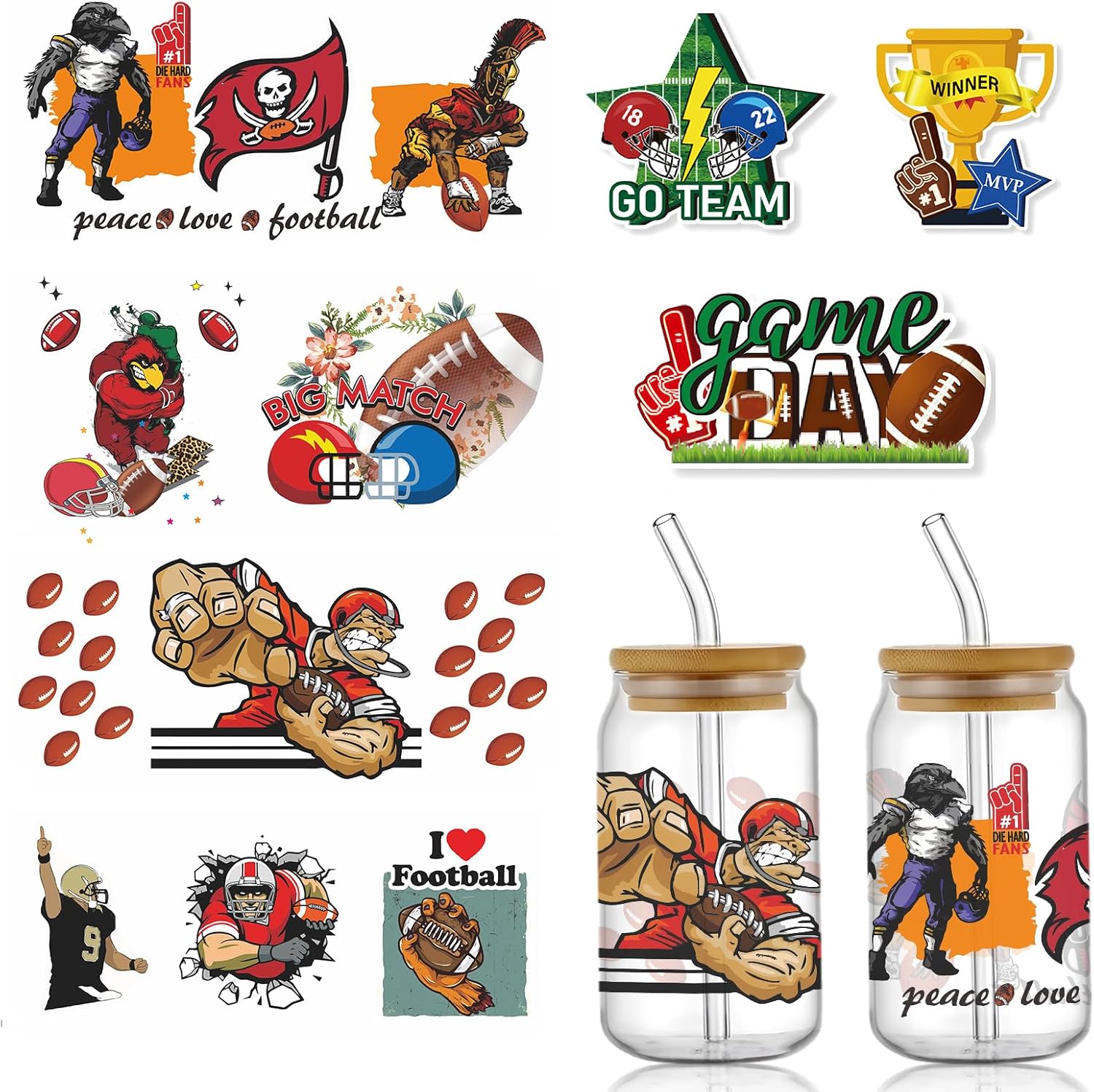 Amazon.com: 6 Pcs Rugby Theme Uv Dtf Cup Wrap Transfer Stickers for 16 ...
