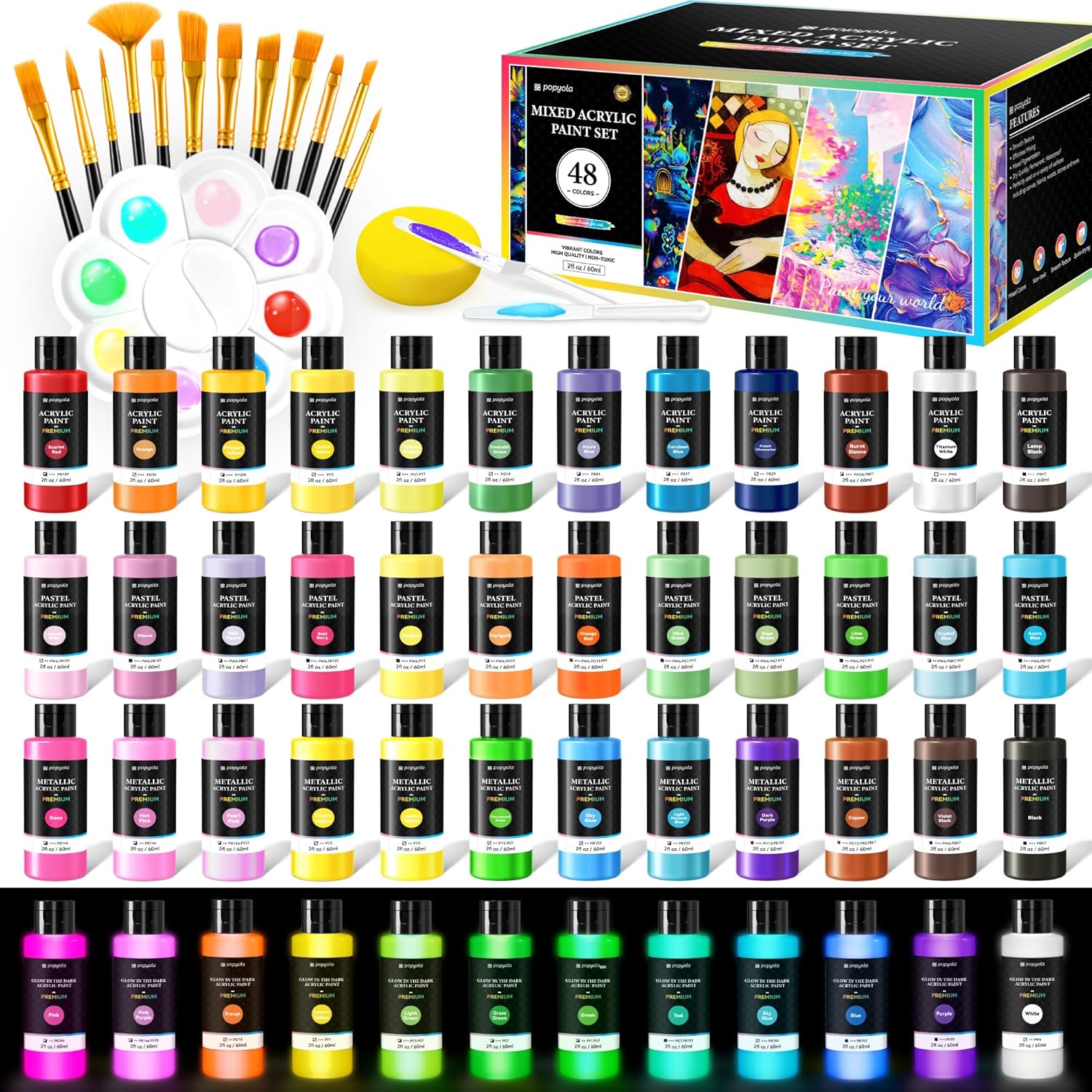 Amazon.com: 64 PCS Mixed Acrylic Paint Set with 12 Brushes, 2 Knives ...