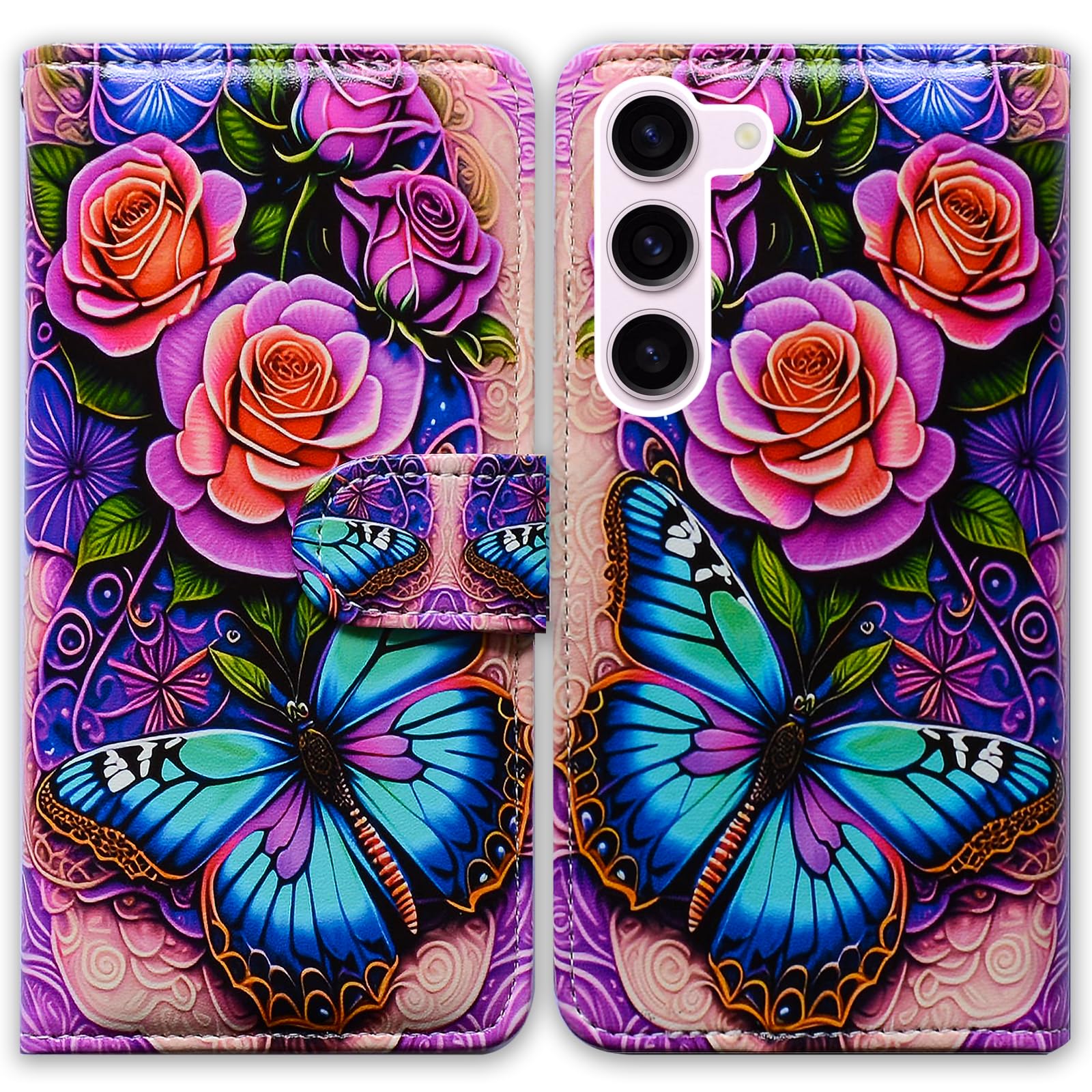 Amazon.com: Bcov Case for Galaxy S24,Blue Butterfly Flowers Rose ...