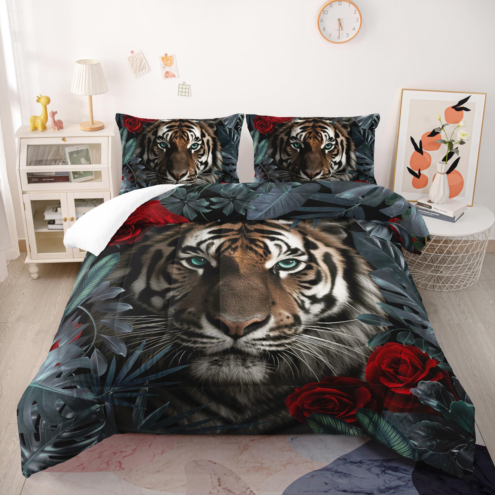 Amazon.com: Nttopship Tiger Comforter Set Full Size，Red Rose Flower ...