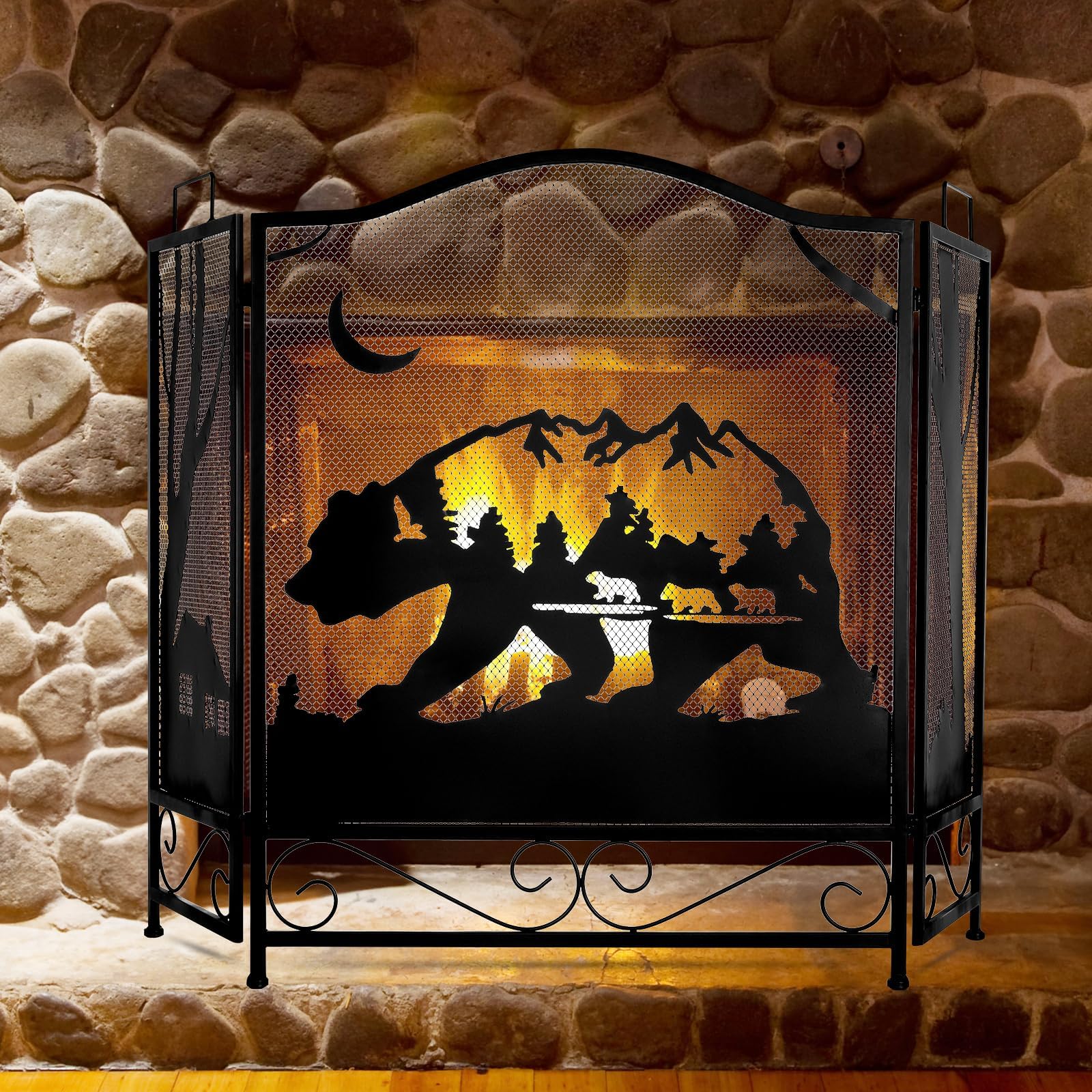 Amazon.com - Rustic Metal Bear Three Panel Fire Screen - Fireplace Screens
