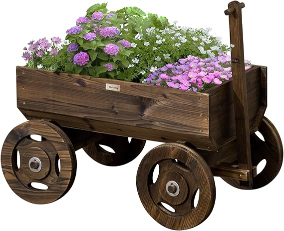 Outsunny Wood Flower Cart, Raised Garden Bed w/Wheels, Planters for ...