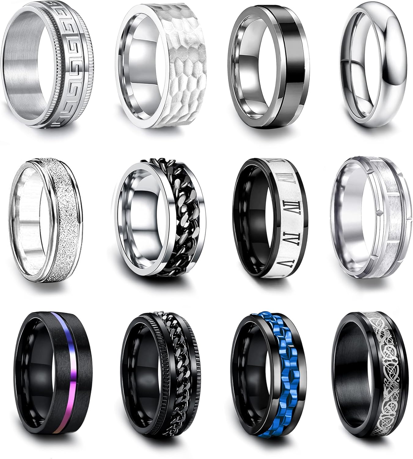 EIELO 12Pcs Stainless Steel Band Rings for Men Women Cool Fidget ...