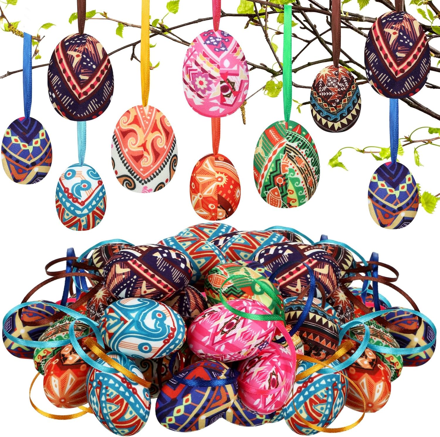 Amazon.com: Hollowfly 24 Pcs Pysanky Ukrainian Easter Egg Hanging Ornament Multicolor Easter Egg ...