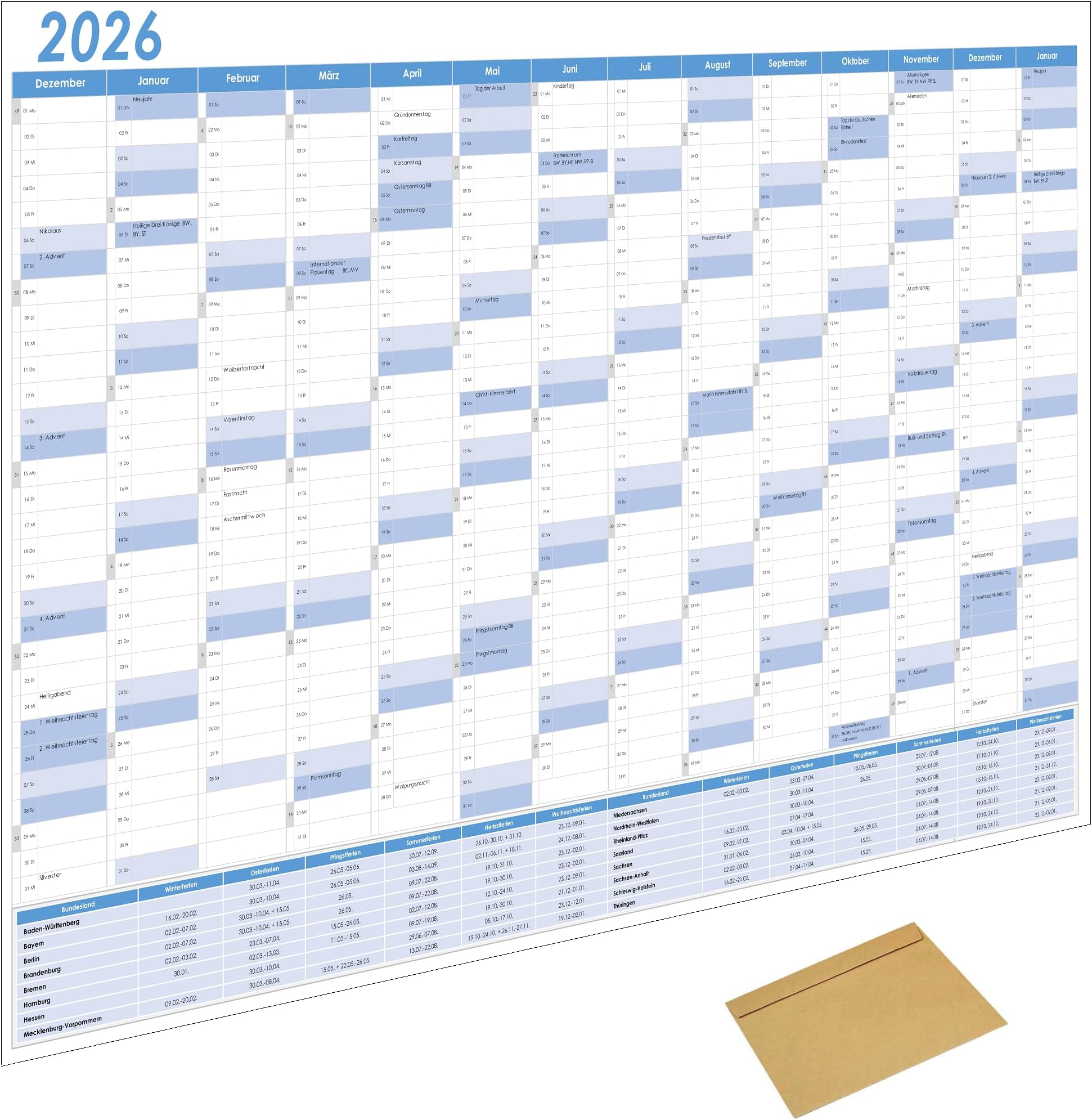 Din A1 Wandkalender für 2026, 14 Monate, Jahreskalender Monatsübersicht ...