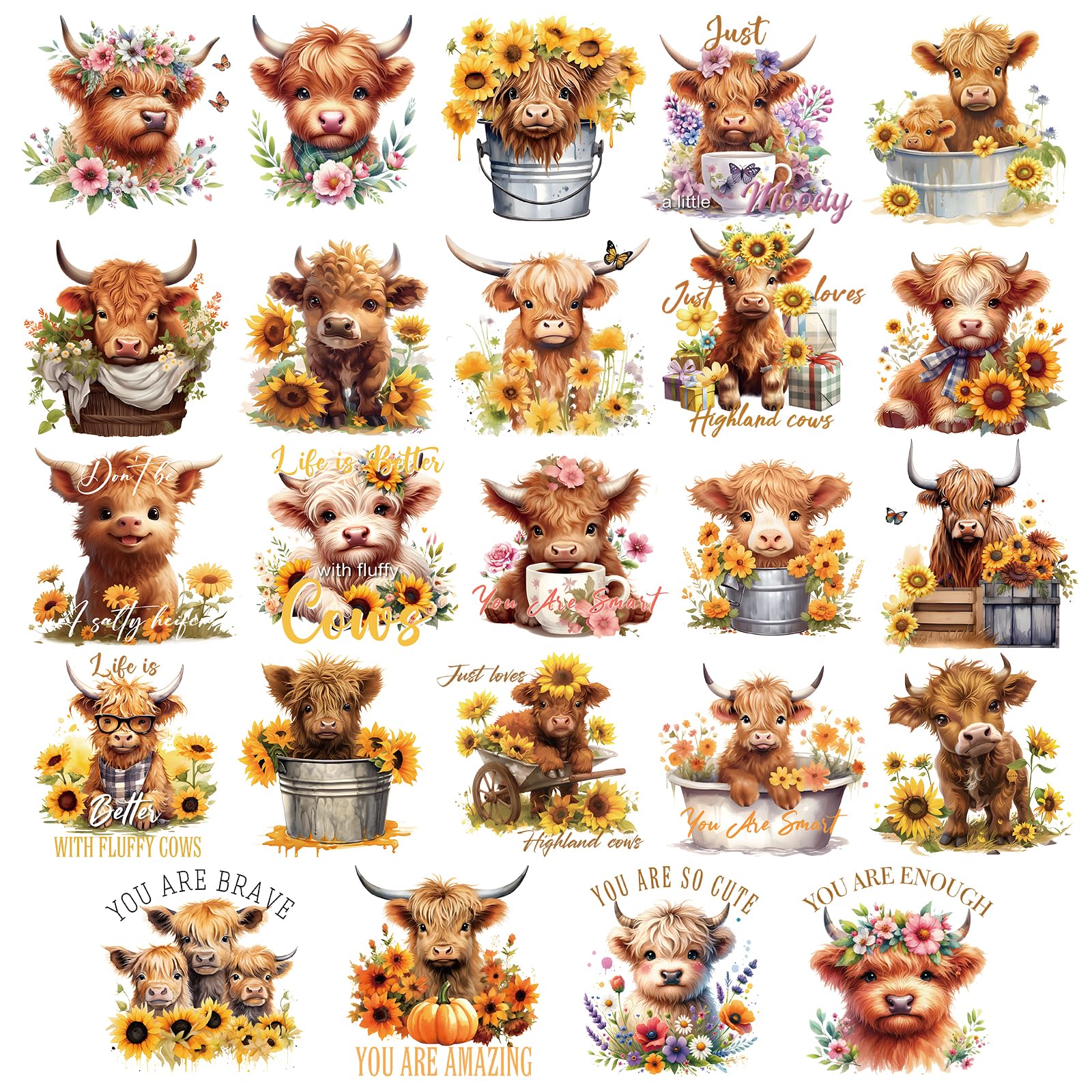 Amazon.com: 24pcs Highland Cow Rub on Transfers for Crafts Cute ...