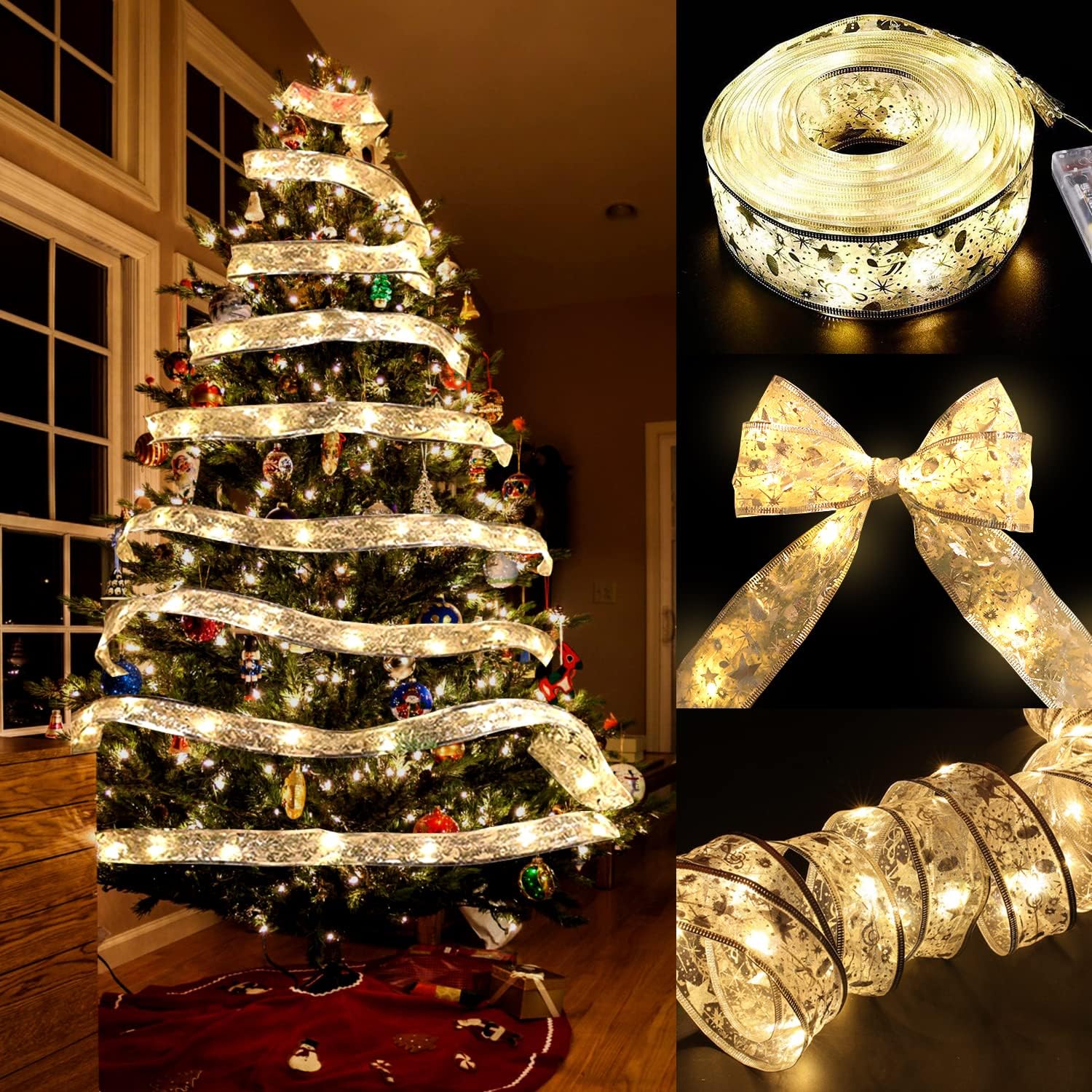 DIYDEC Christmas Ribbon Lights, 13ft 40 Light Sliver Warm Christmas ...