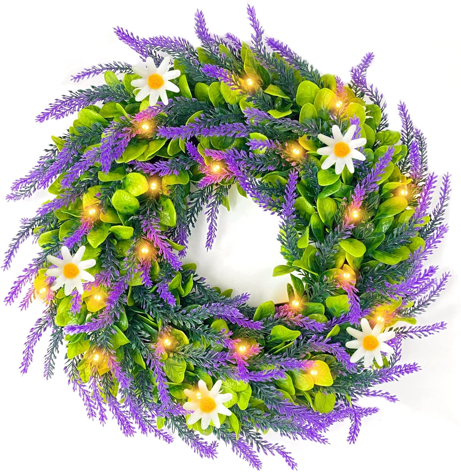 Amazon.com: 18" Prelit Summer Wreath Front Door Decor Artificial Daisy ...