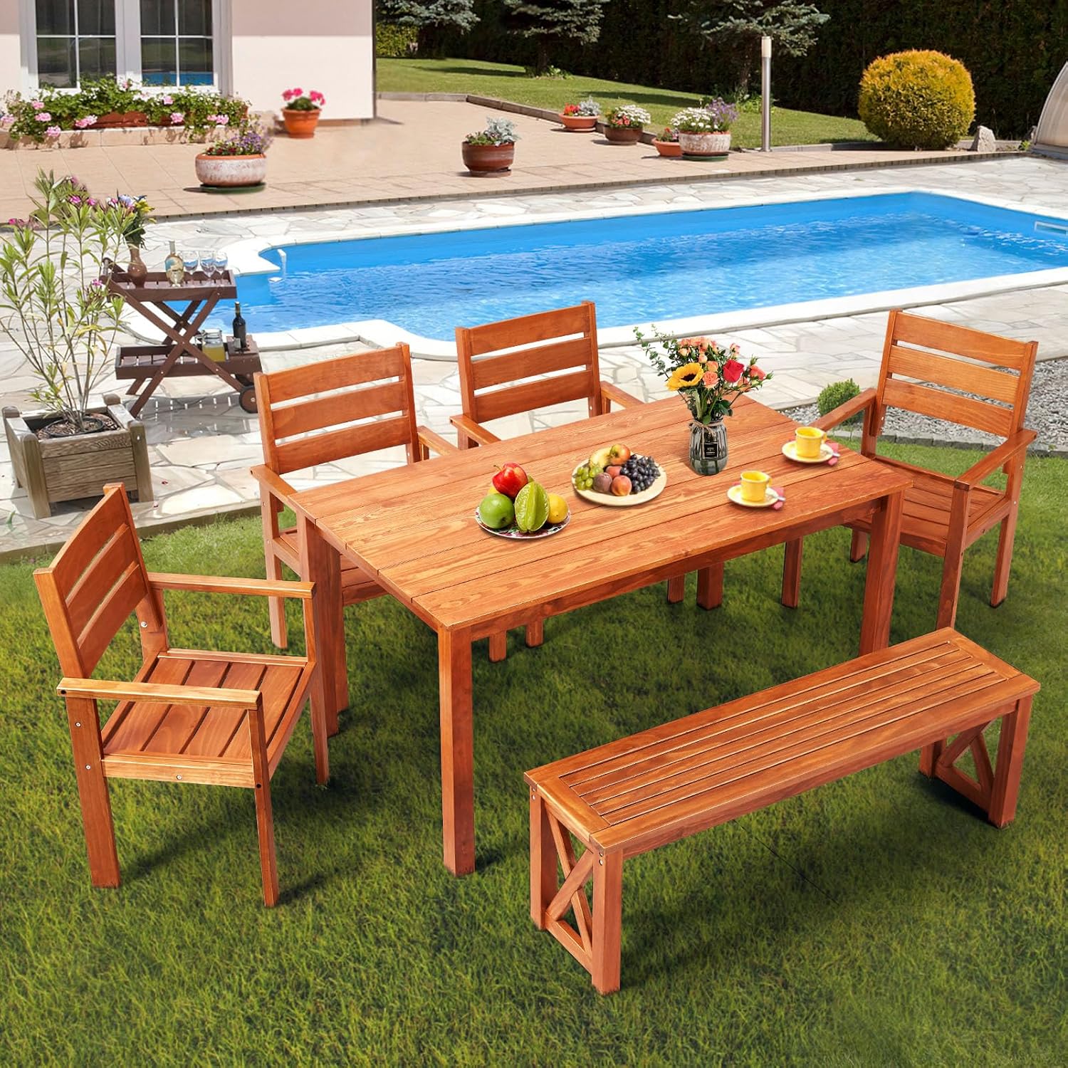 Amazon.com: YOLENY 6 Piece Patio Dining Set, Teak Solid Wood, Indoor ...