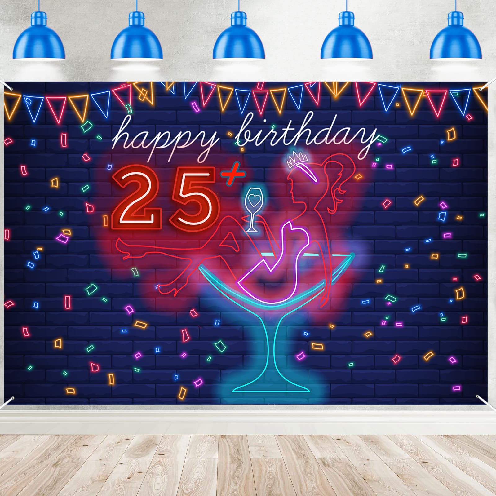 Amazon.com: Neon Sitting Girl Happy 25 Birthday Banner Backdrop Cheers ...