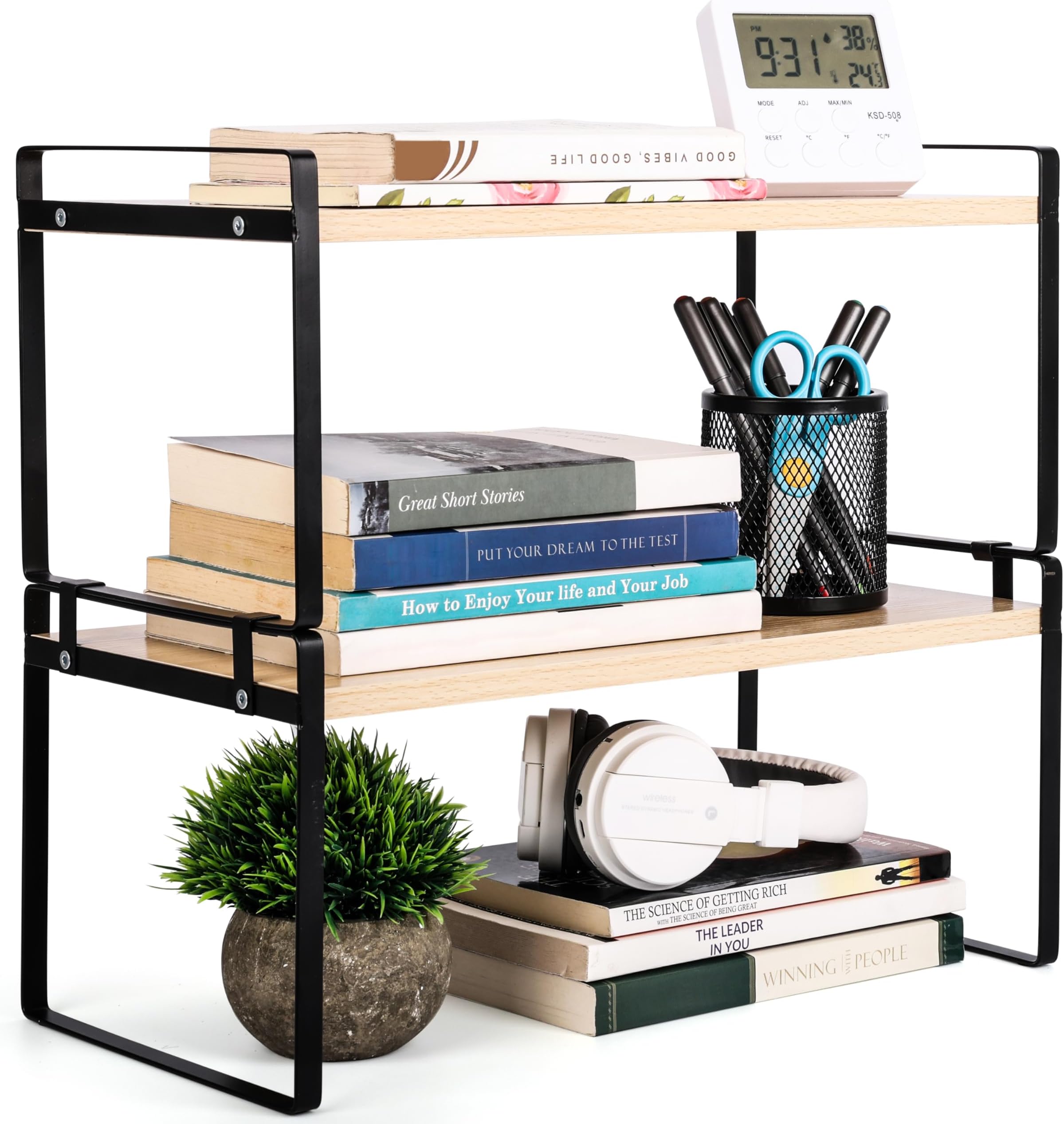 BELLE VOUS Wooden Desktop Organiser Shelf - Stackable 2-Tier Storage ...