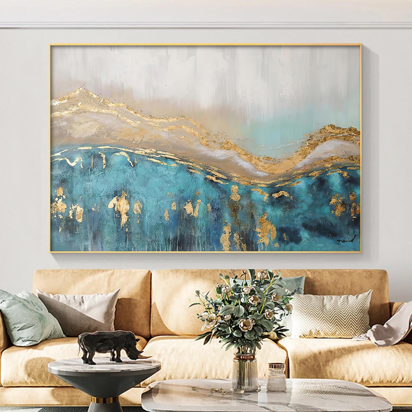 Amazon.com: Teal and Gold Canvas Wall Art Teal Abstract Painting ...