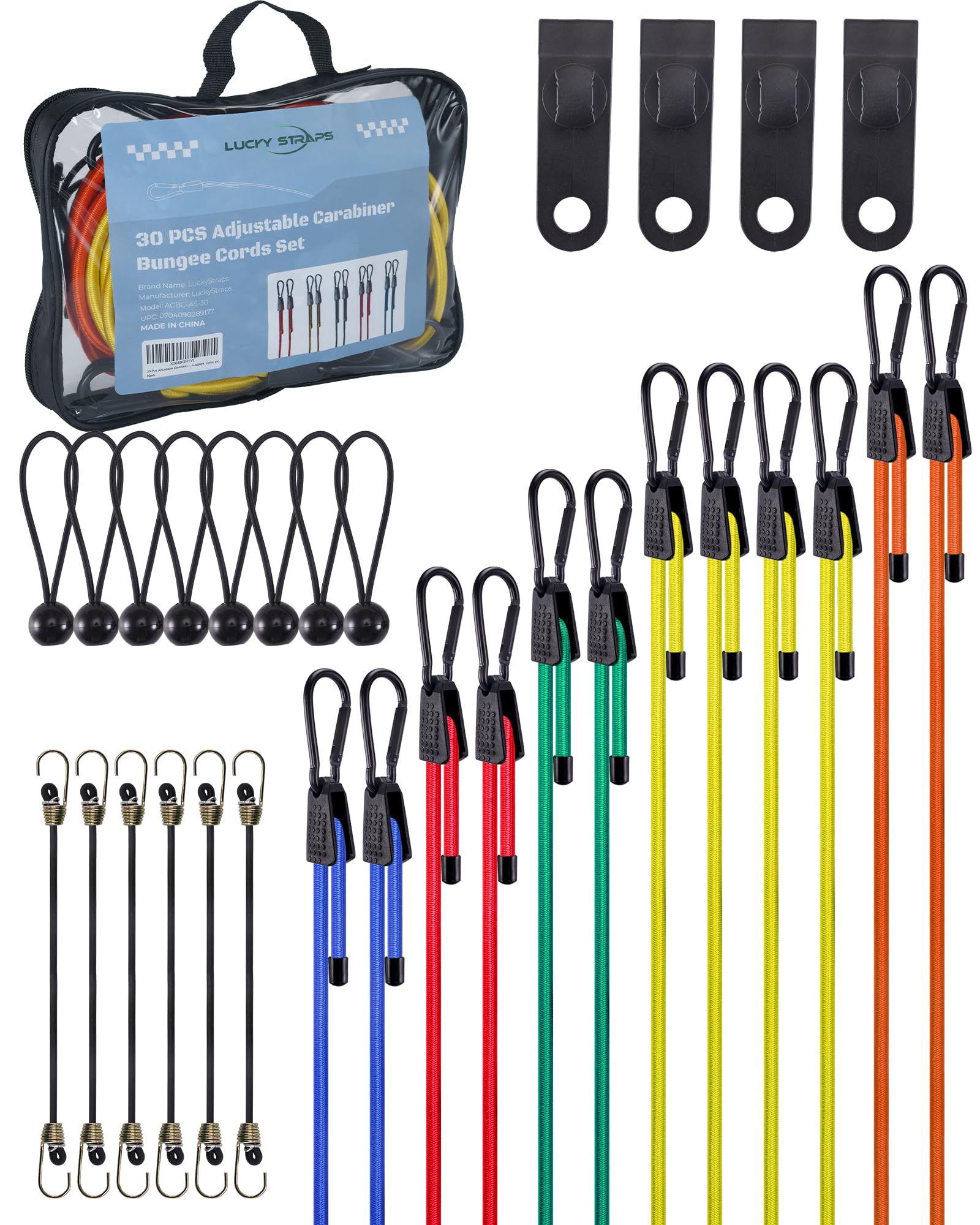 30 Pcs Adjustable Carabiner Bungee Cords Assorted Sizes, Includes 18 ...