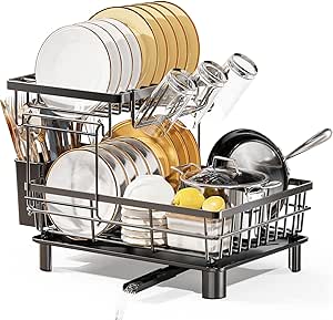 LIONONLY 2 Tier Dish Drainer Rack with Drip Tray, Detachable Dish ...