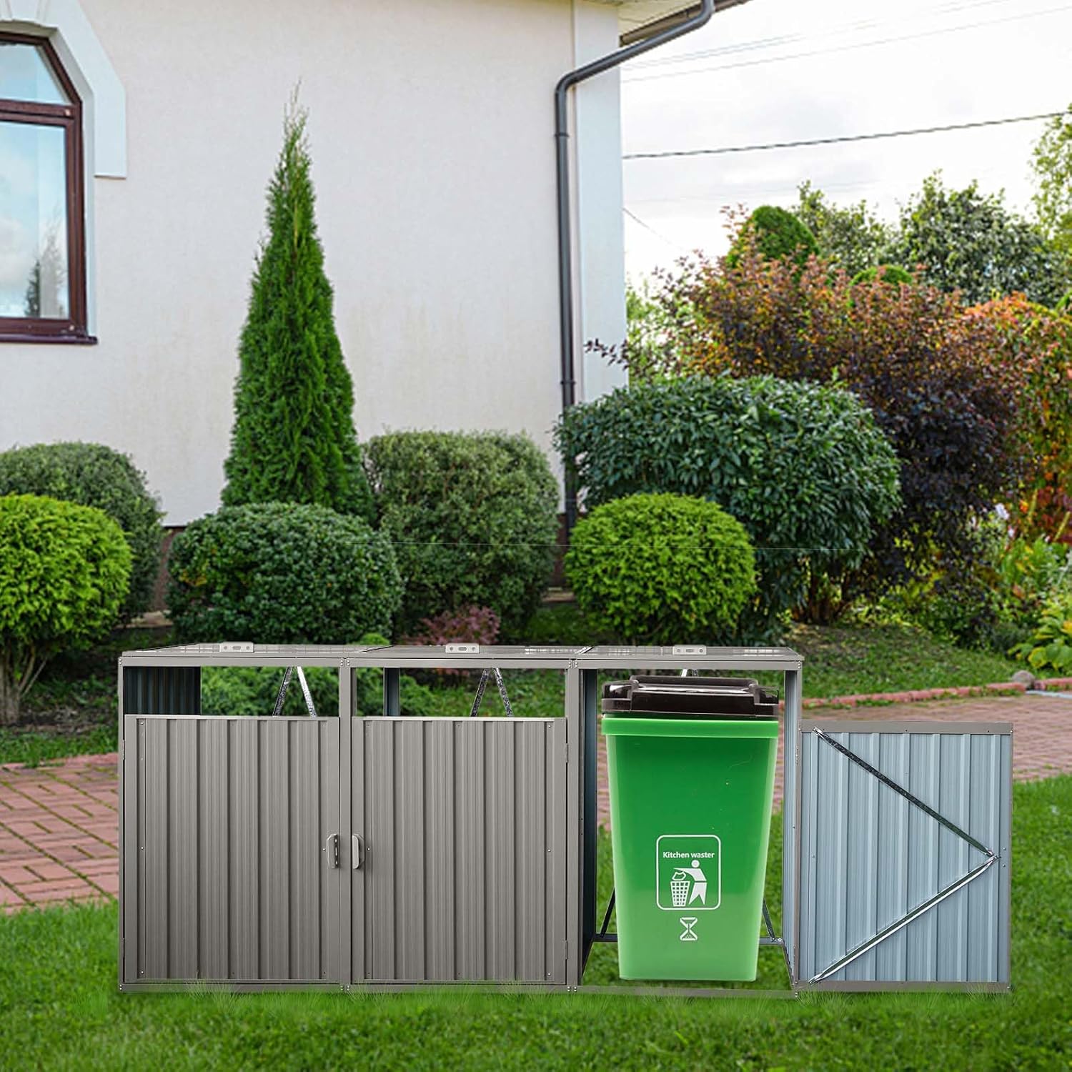 Amazon.com : Outdoor Garbage Bin Storage Shed for 3 Trash Cans ...