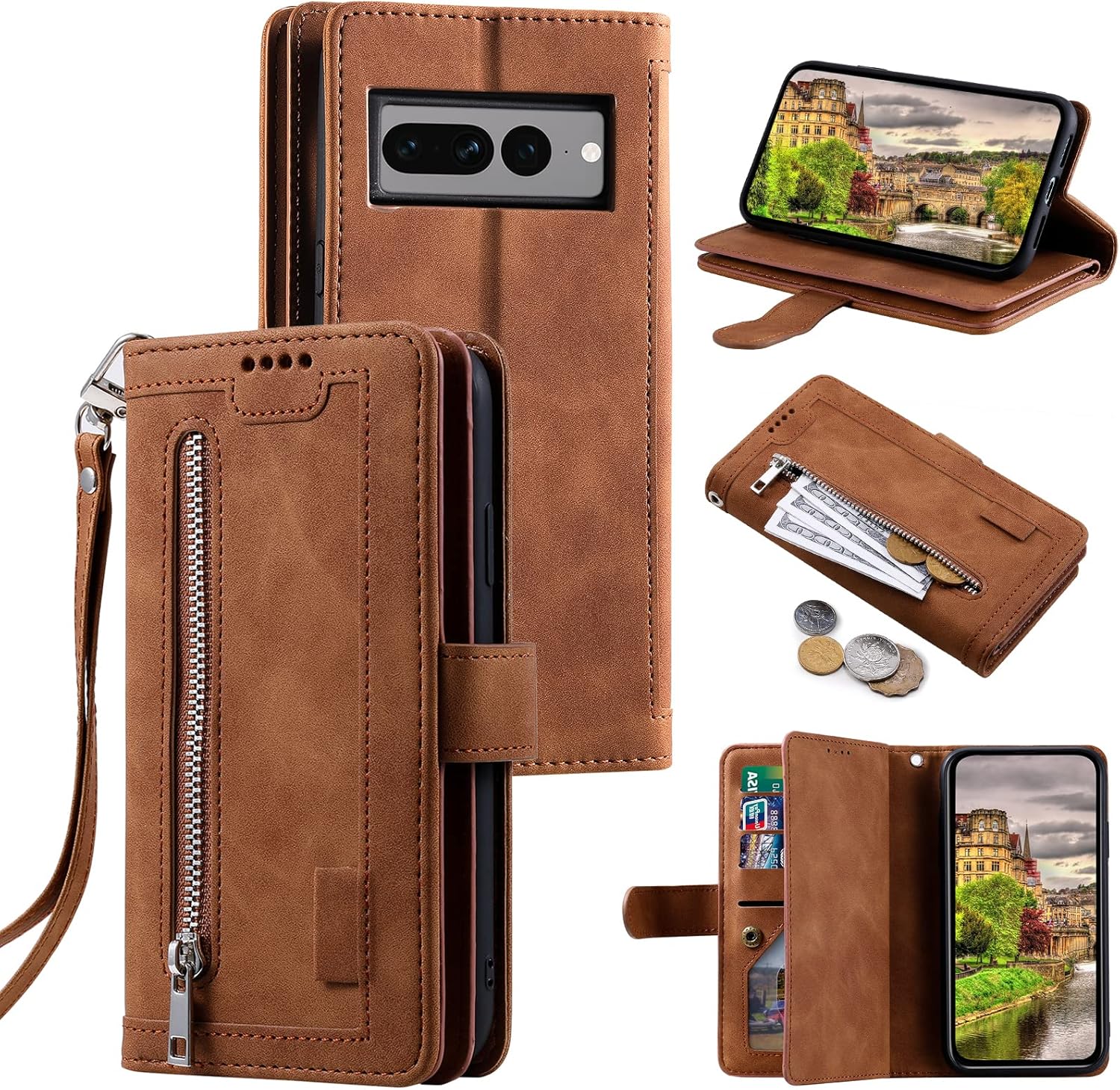 UEEBAI Retro Google Pixel 7 Pro Wallet Case with 9 Card Slots Zipper ...