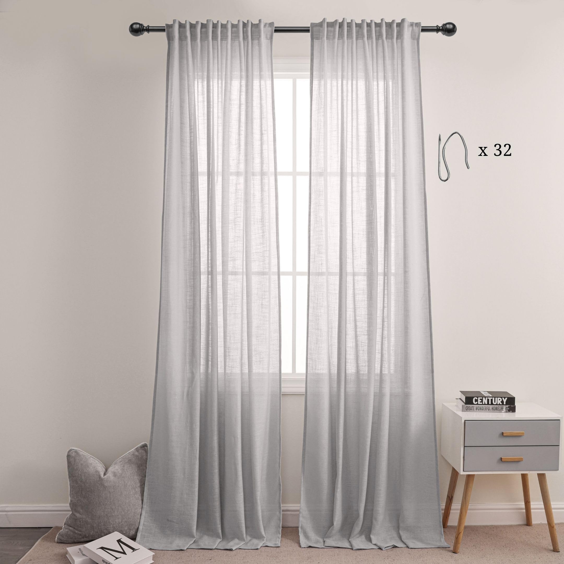 VOILYBIRD Light Grey Linen Sheer Curtains with Hook Belt 102 Inches ...