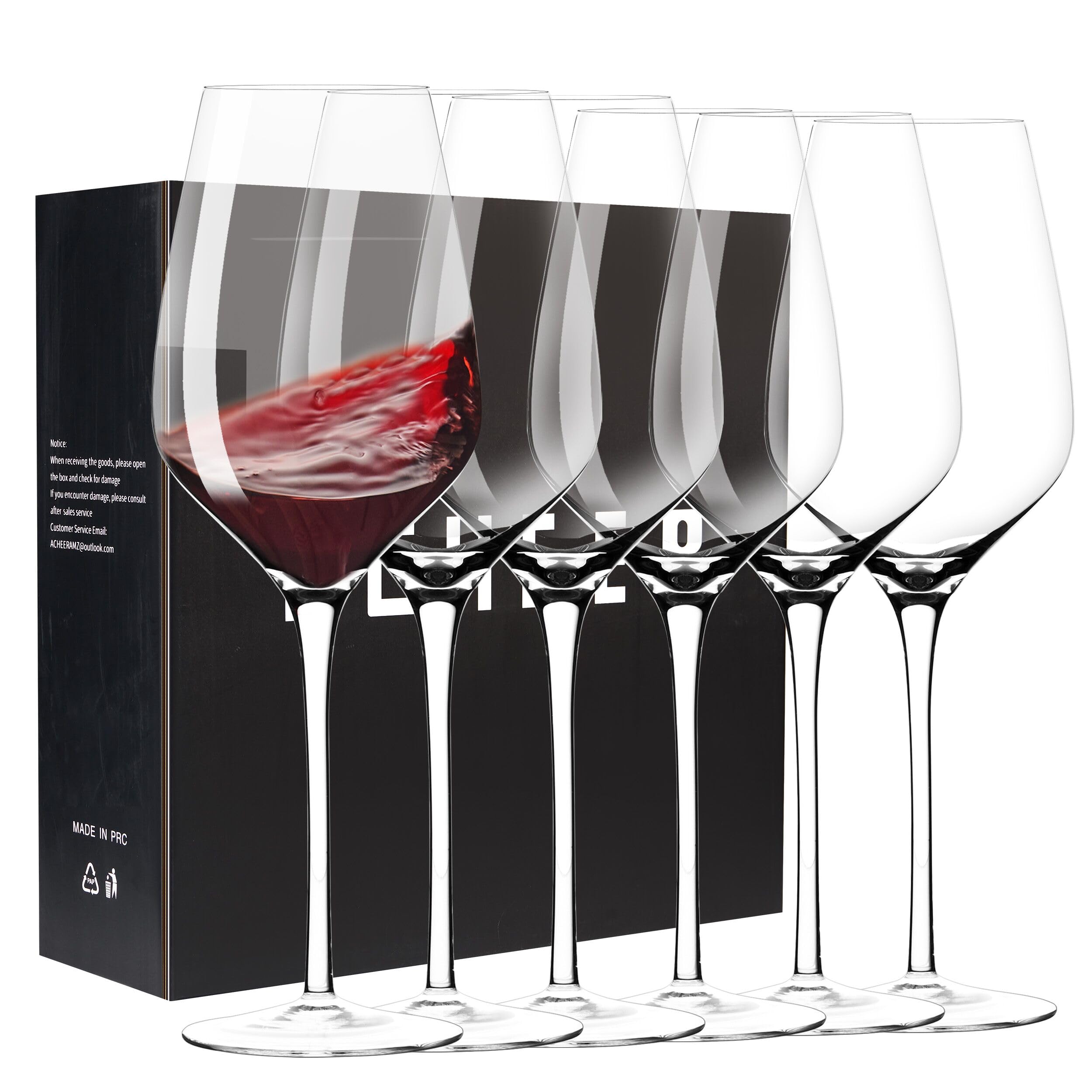 20 Oz Crystal Bordeaux Red Wine Glasses Set of 6, Hand Blown Italian Style,Long Stem,Lead-Free ...