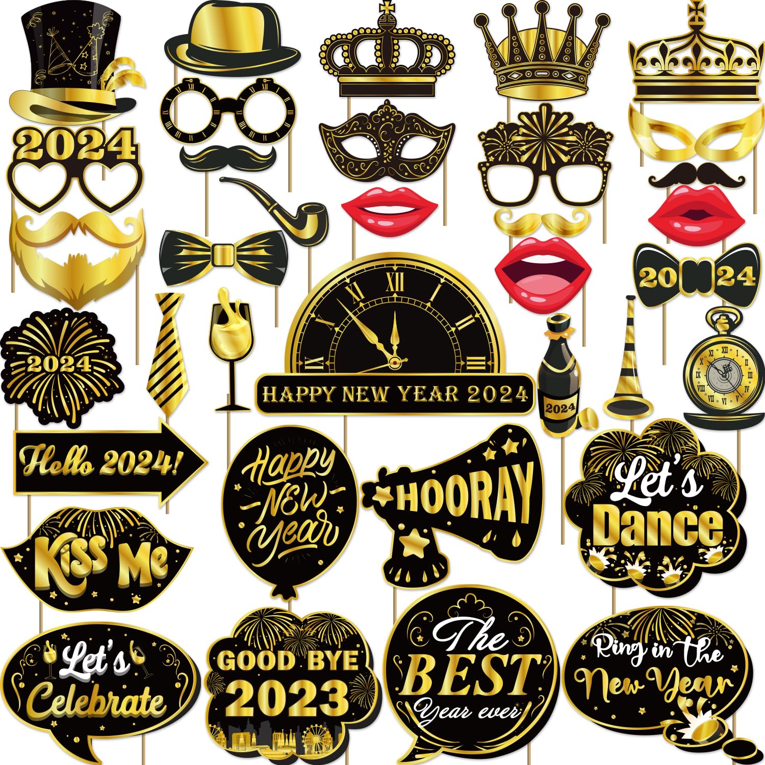 Buy 36pcs New Years Photo Booth Props 2024, New Years Eve Photo Booth ...