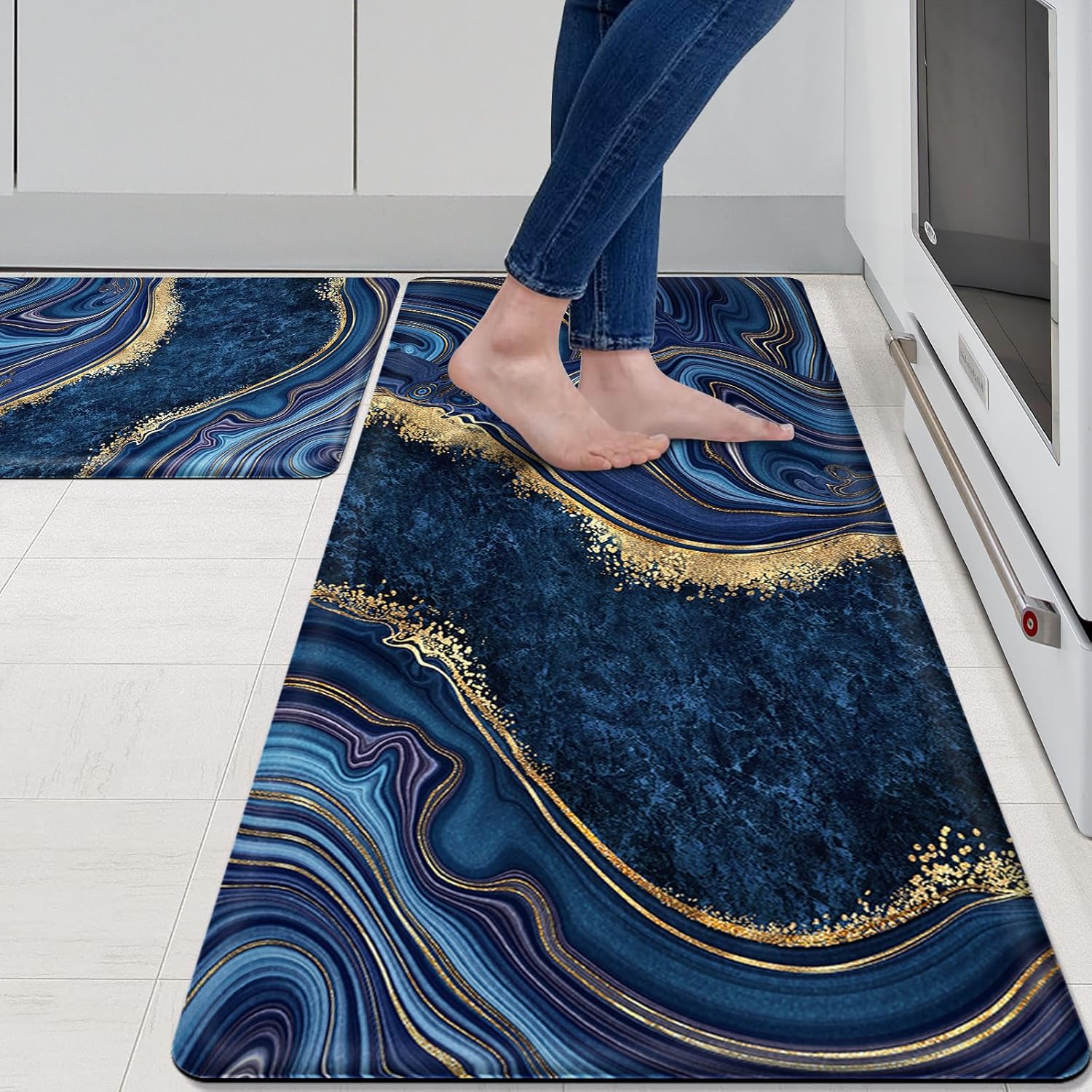 Amazon.com: MAYHMYO Kitchen Rugs and Mats Set of 2 Blue Marble Anti ...