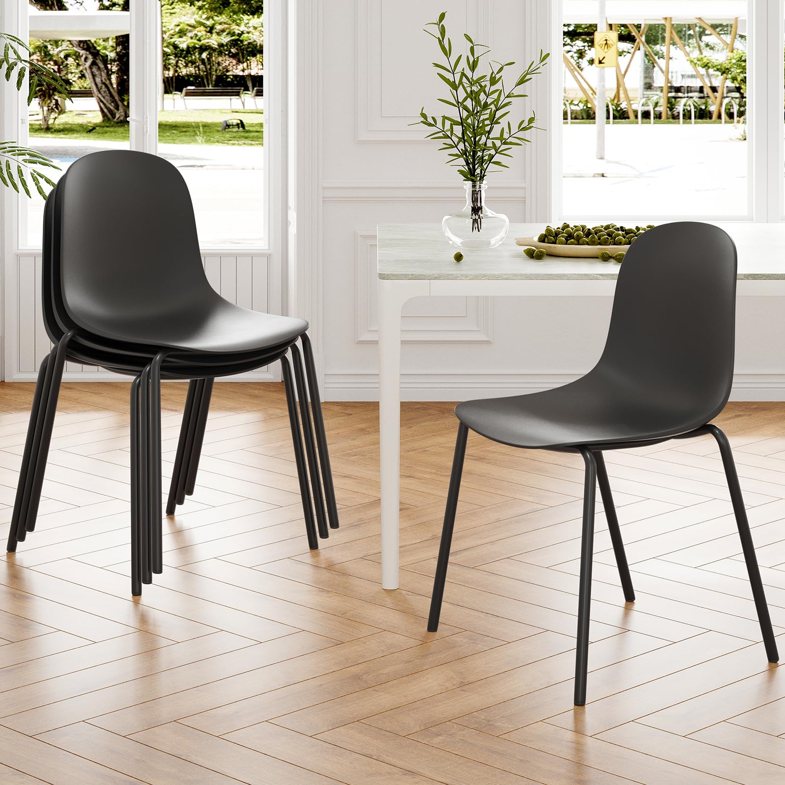 Amazon.com - Modern Plastic Stackable Dining Chair Set of 4 with Metal ...