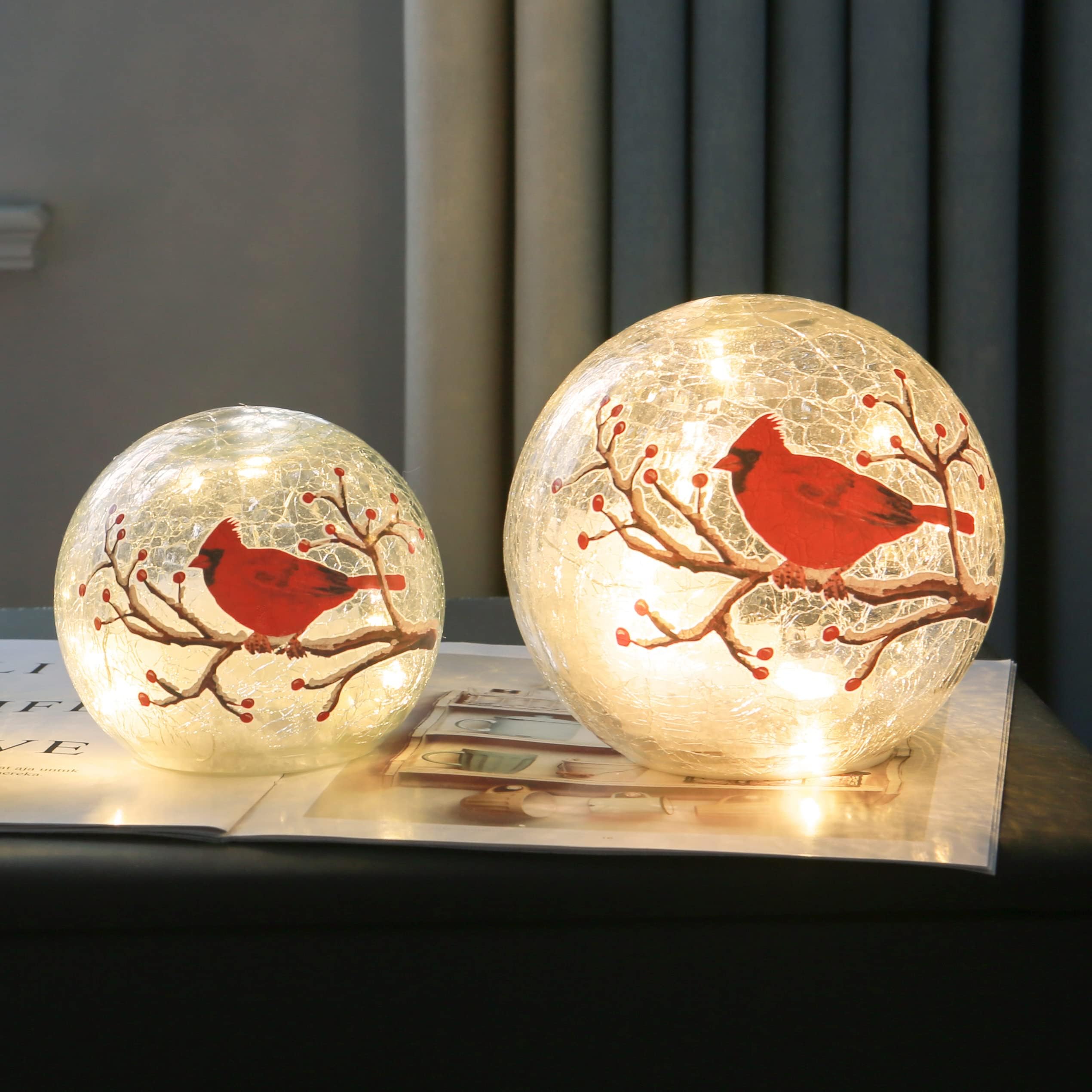 Kaowod Red Cardinal Accent Lamp - Crackle Glass Globe with LED Light ...