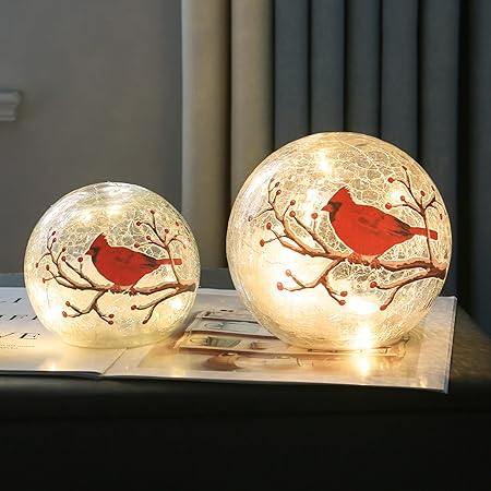 Kaowod Crackle Glass Ball Cardinal Lamp, Light Up Red Cardinal Stained Glass Christmas Decor ...