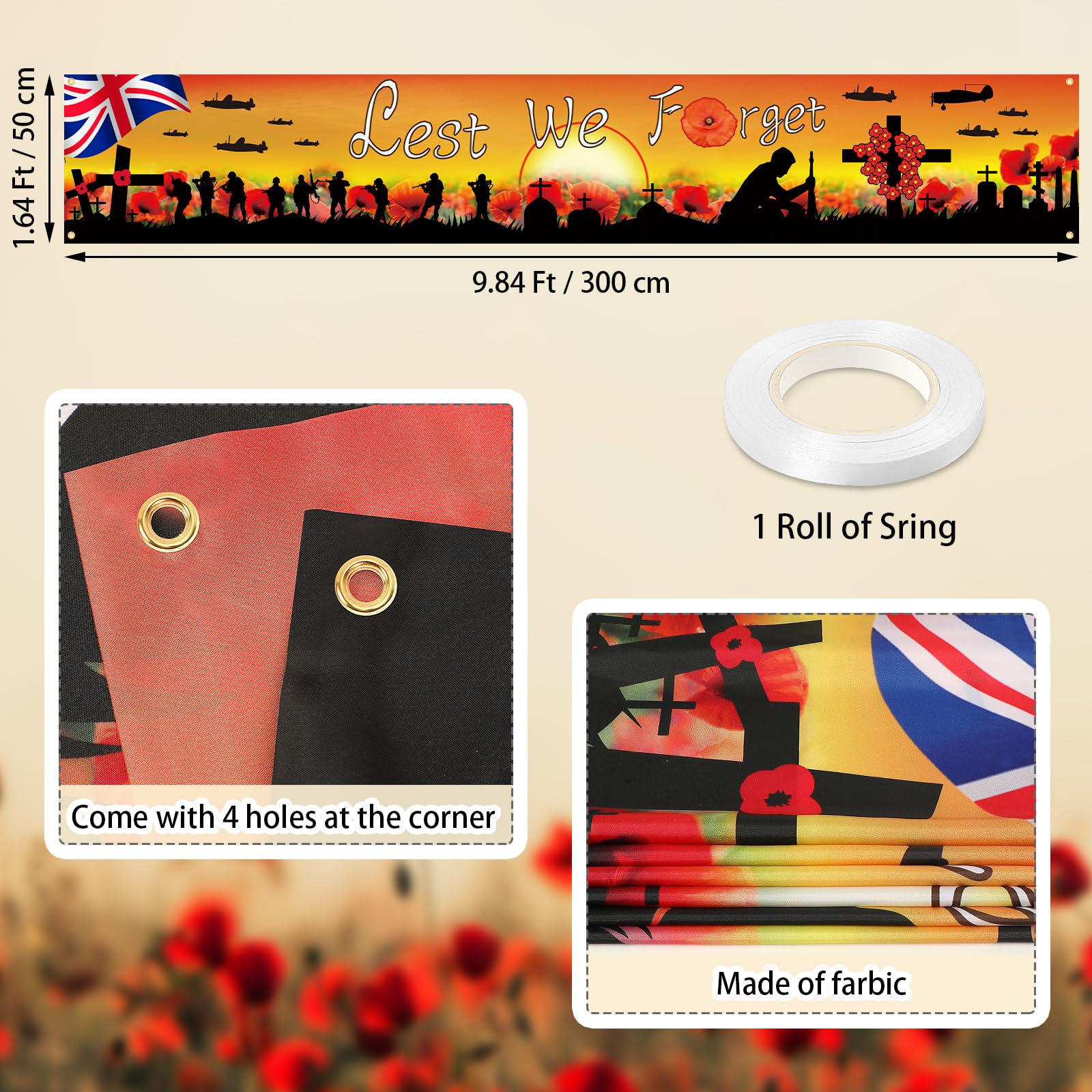 Lest We Forget Flag, 50x300CM Remembrance Day Flag Vivid Color ...