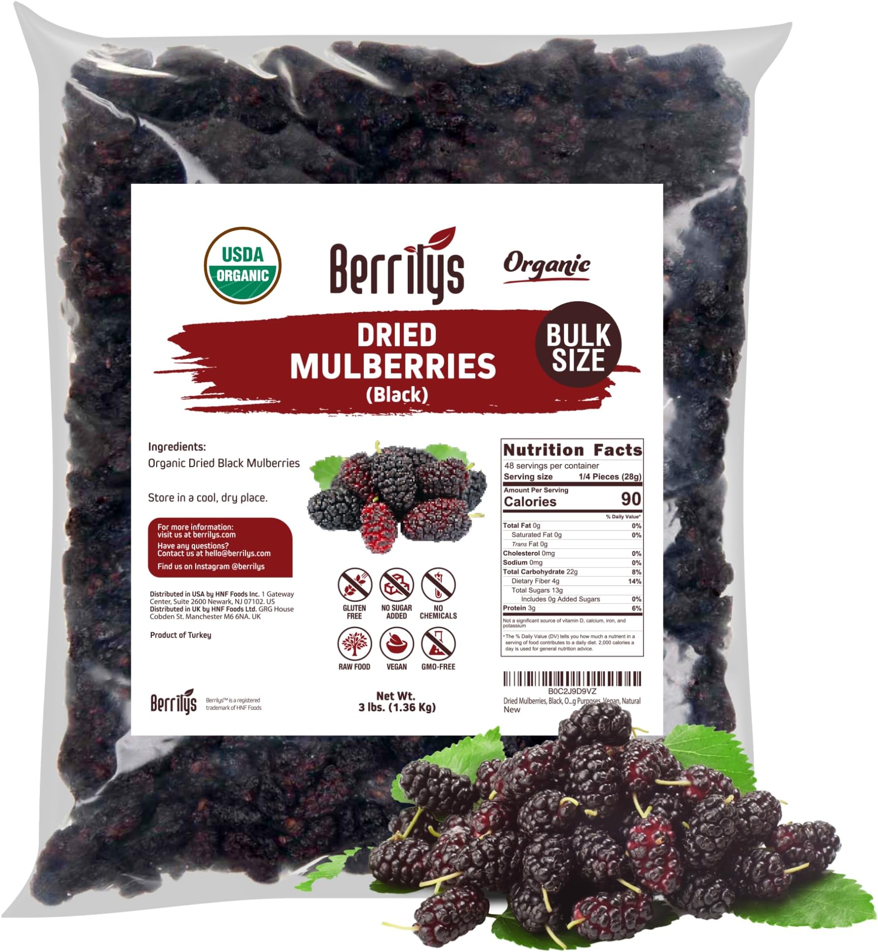 Amazon.com: Dried Mulberries, Black, Organic, Berrilys, 3 LB, Dried ...