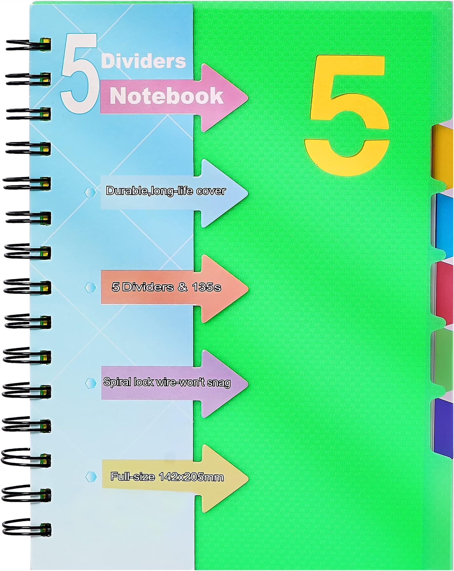 Amazon.com : CAGIE 5 Subject Notebook with Tabs 220 Pages Spiral ...