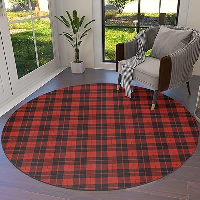 Amazon.com: LIFEMUSION Farmhouse Red Plaid Round Area Rugs, Rustic Red ...
