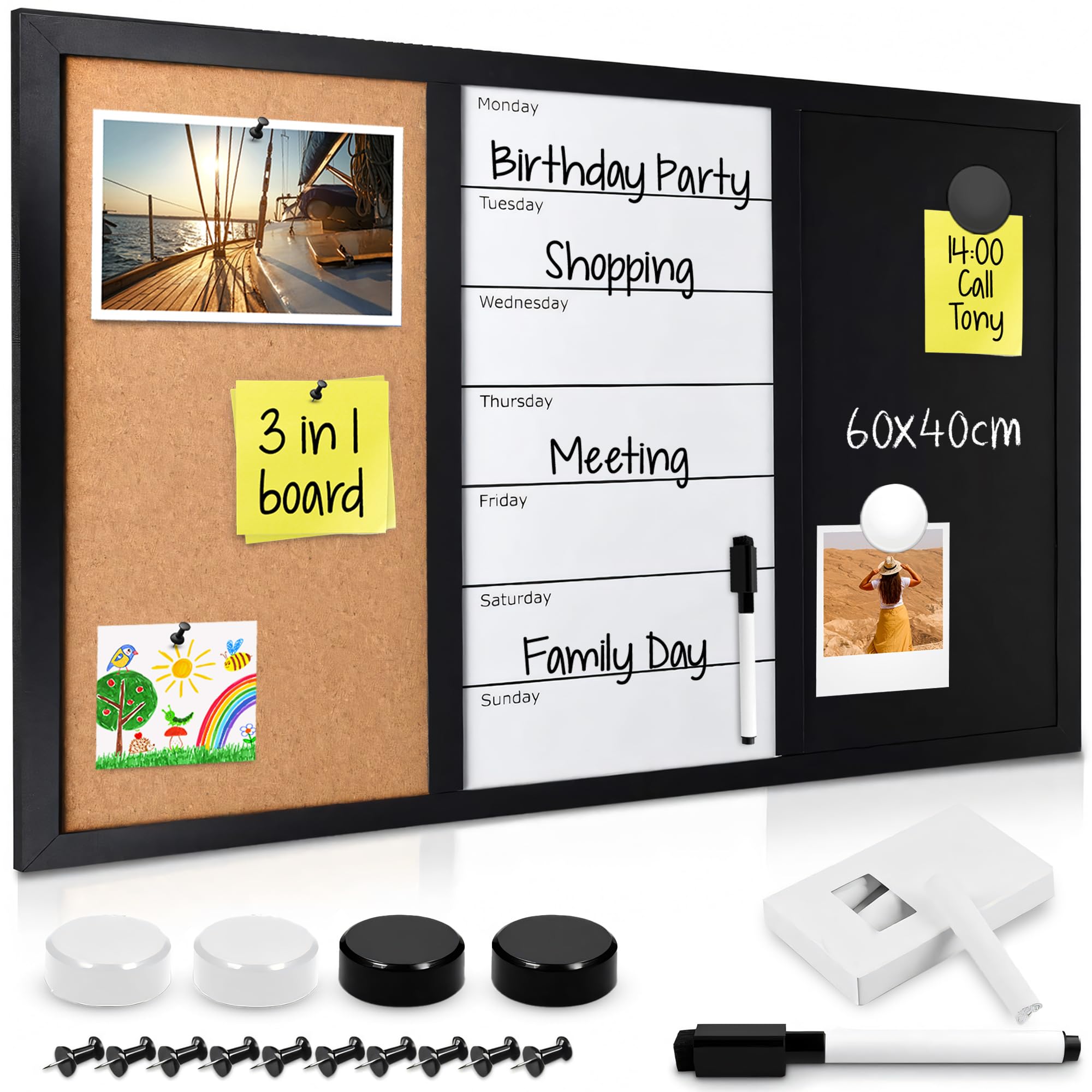 Navaris Combination Board Cork/Whiteboard/Chalkboard - 60 x 40 cm ...