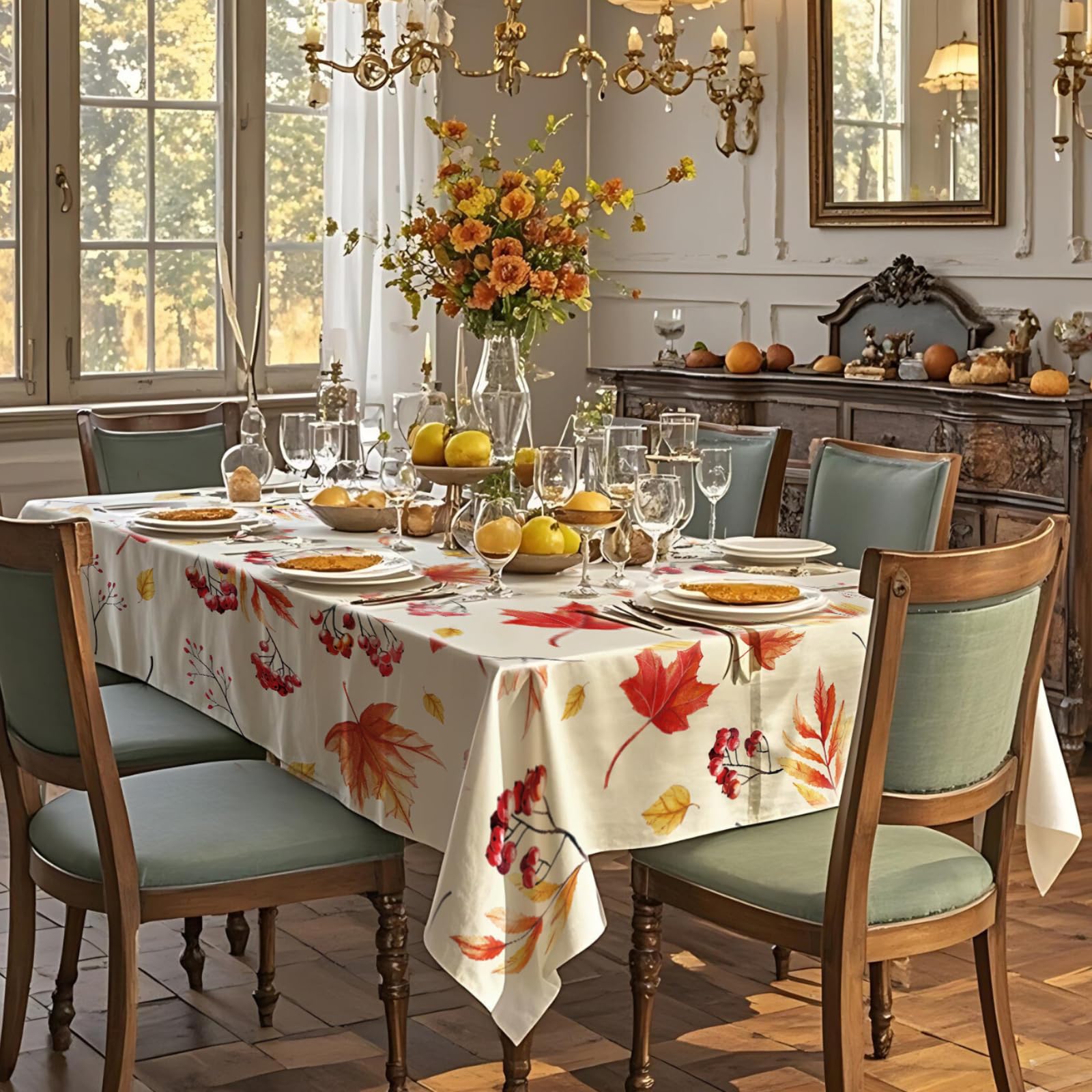 Fall Rectangle Tablecloth with Maple Leaf Print, Spill-Proof Easy Care ...